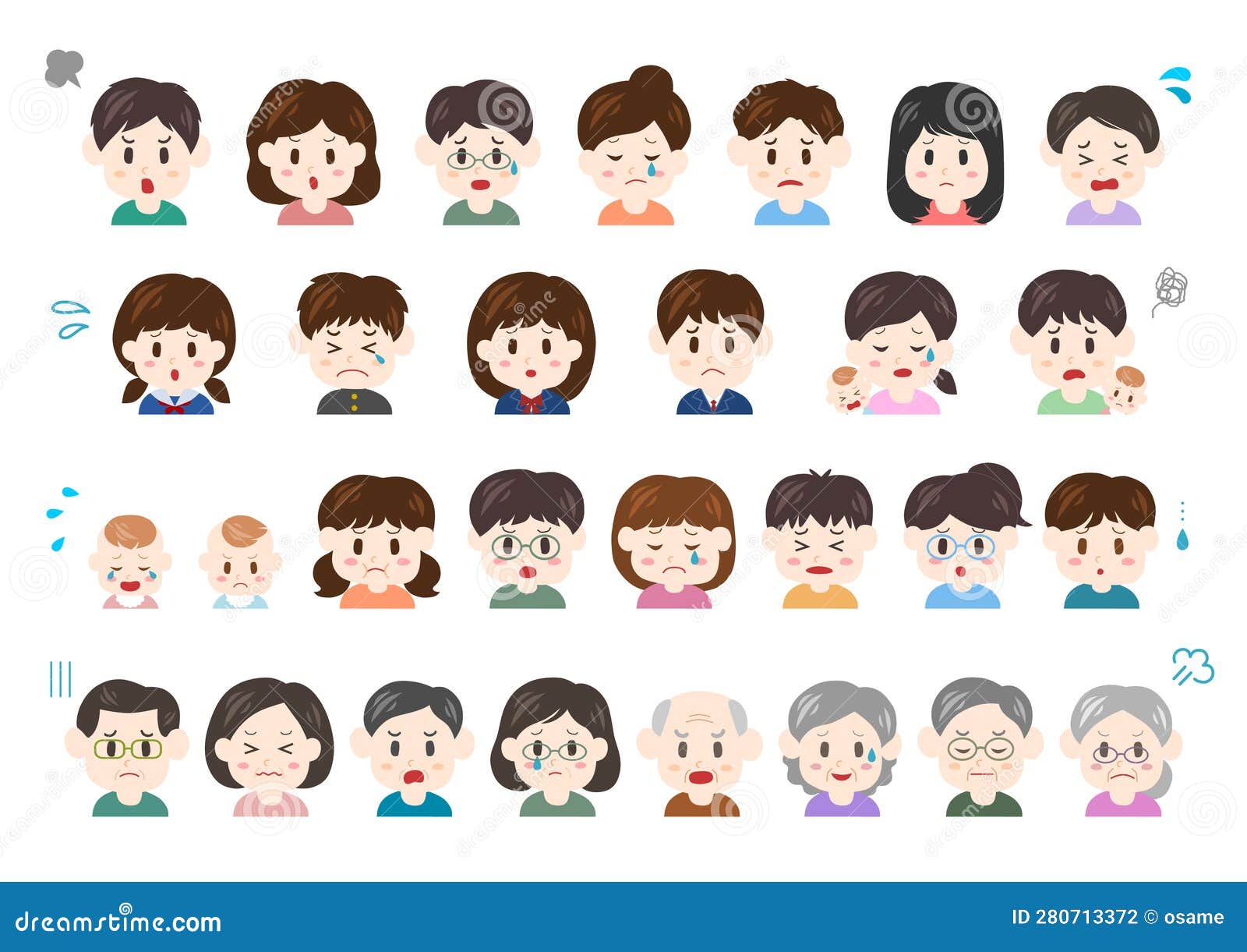 Facial Expression Icon Set. Troubled Face and Angry Face. Vector ...