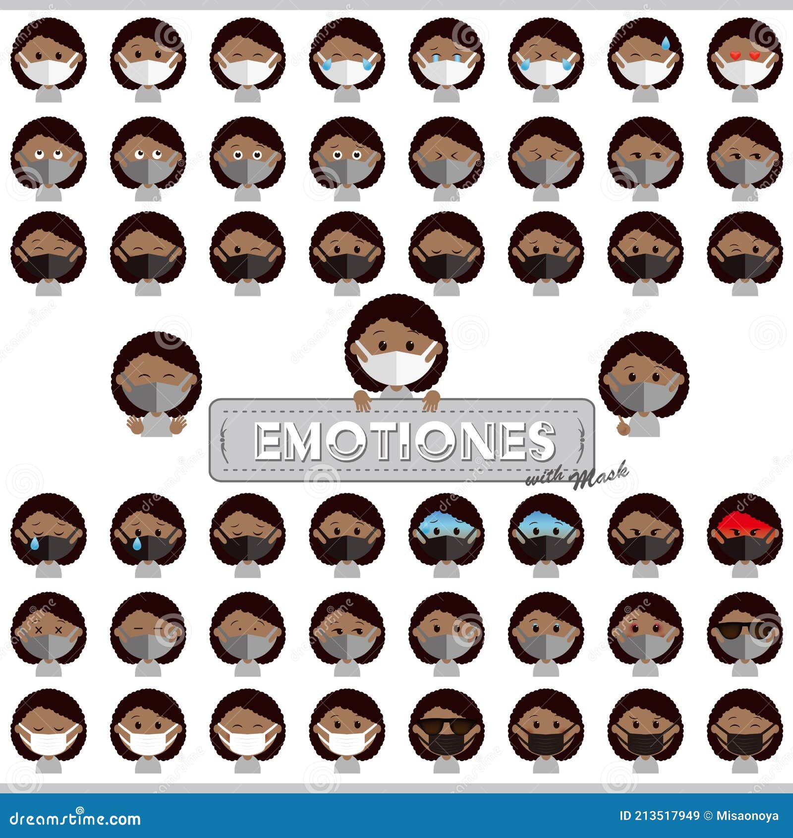 Facial Expression Variations of Black Women Wearing Mask Stock Vector ...