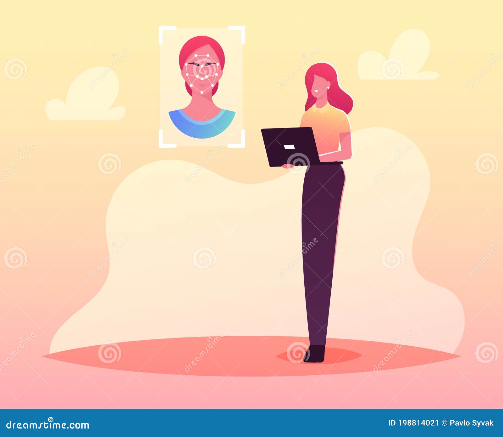 Facial Recognition. Female Character Scanning Face On Laptop For Id ...