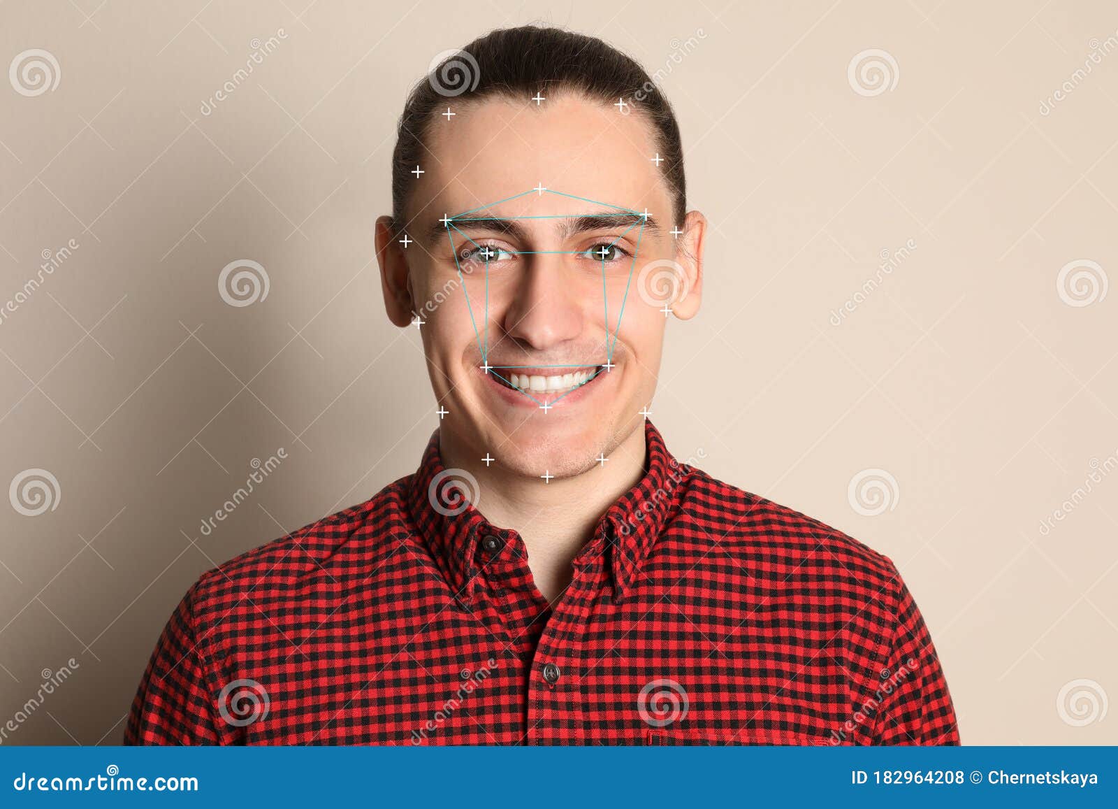 Facial Recognition. Man with and Digital Biometric Grid on Light ...