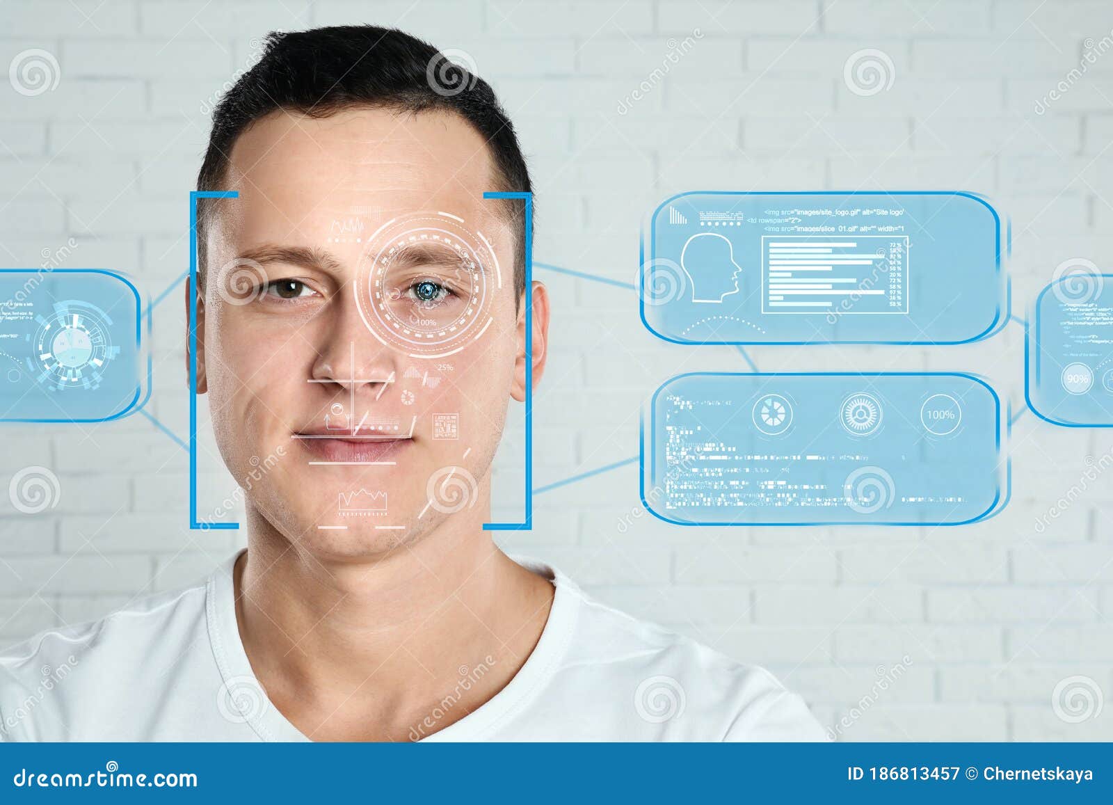Facial Recognition System. Man with Scanner Frame on Face, Information ...