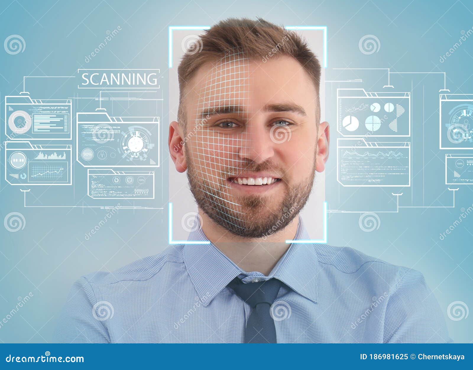 Facial Recognition System. Man with Scanner Frame on Face, Information ...