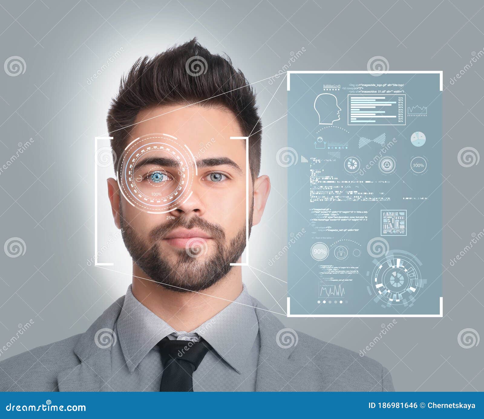 Facial Recognition System. Man with Scanner Frame on Face, Information ...