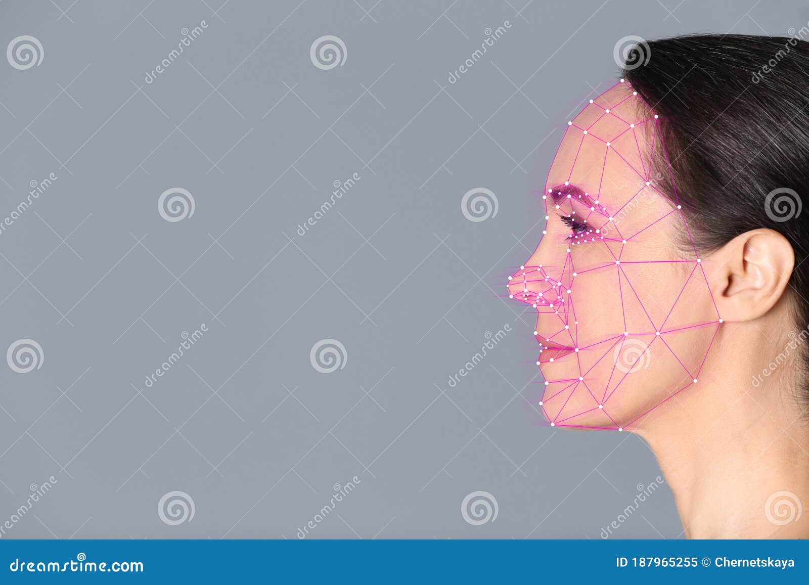 Facial Recognition System Mature Woman With Digital Biometric Grid On