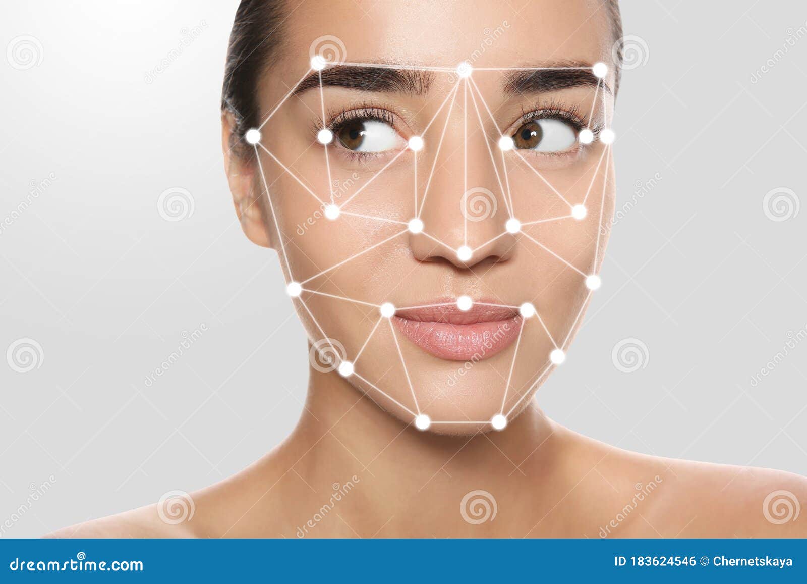 Facial Recognition Woman With Digital Biometric Grid On Light