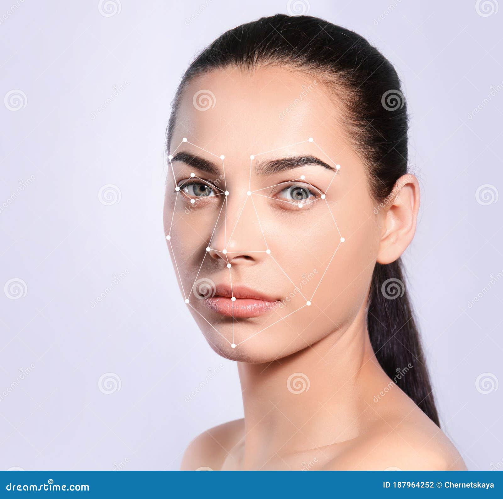 Facial Recognition System Woman With Digital Biometric Grid On