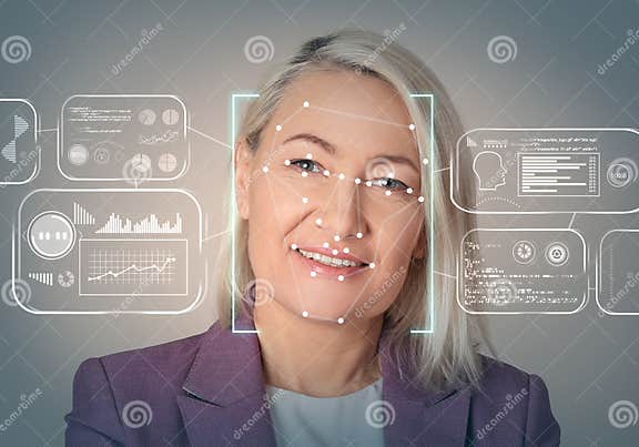 Facial Recognition System Woman With Scanner Frame On Face