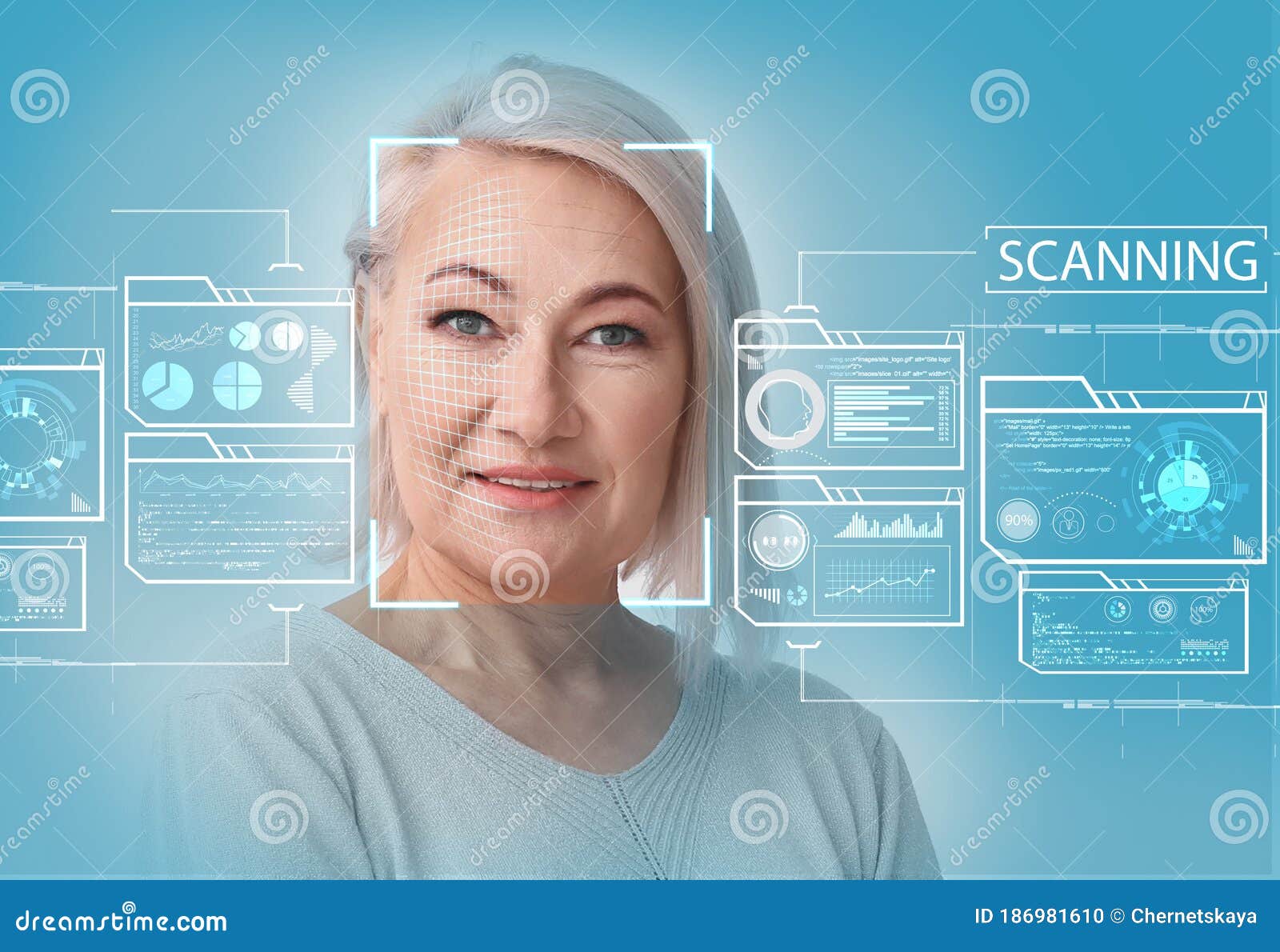 Facial Recognition System. Woman with Scanner Frame on Face ...