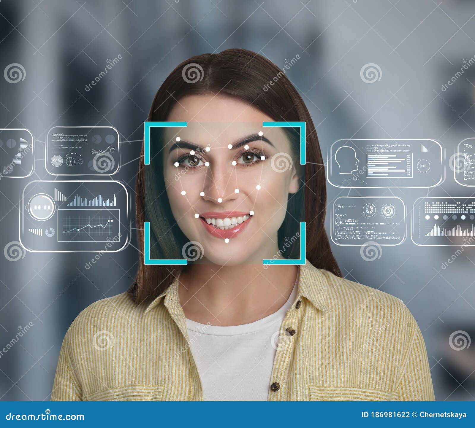 Facial Recognition System. Woman with Scanner Frame on Face ...