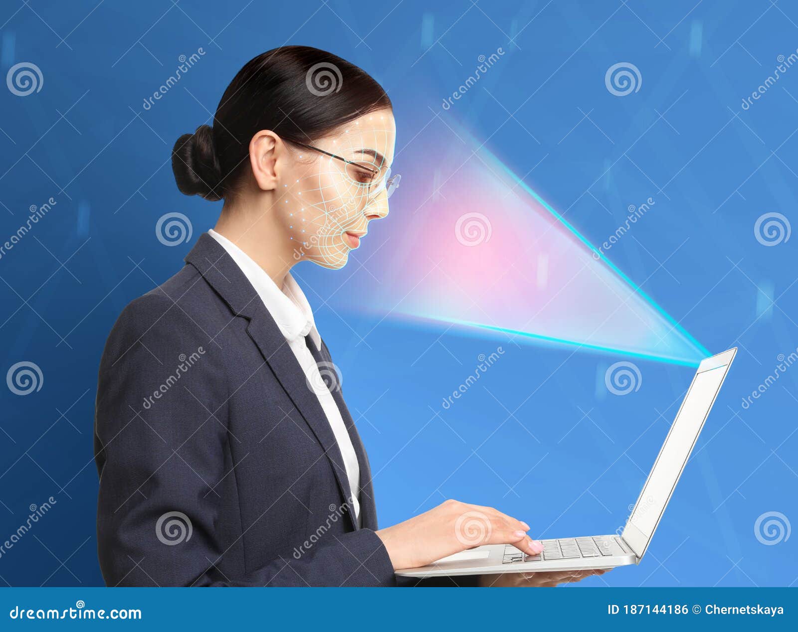 Facial Recognition System. Woman Using Laptop on Background Stock Photo ...