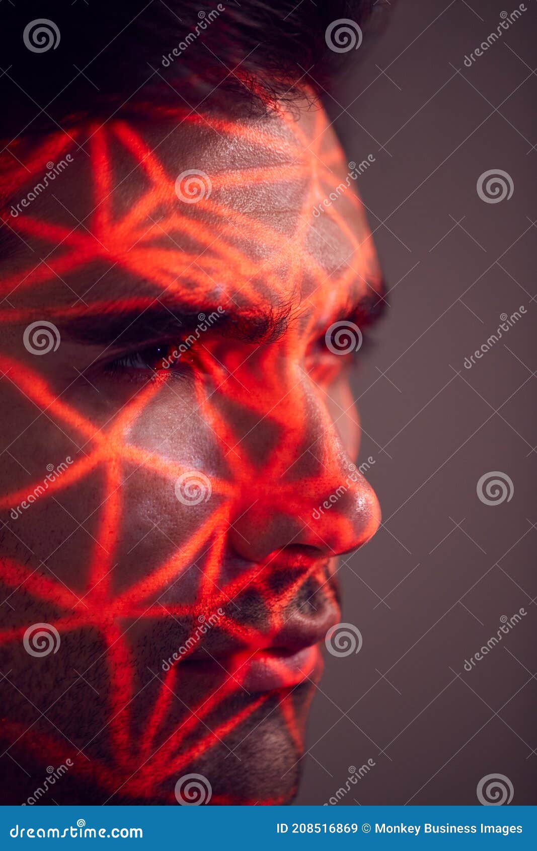 Facial Recognition Technology Concept As Man Has Red Grid Projected ...