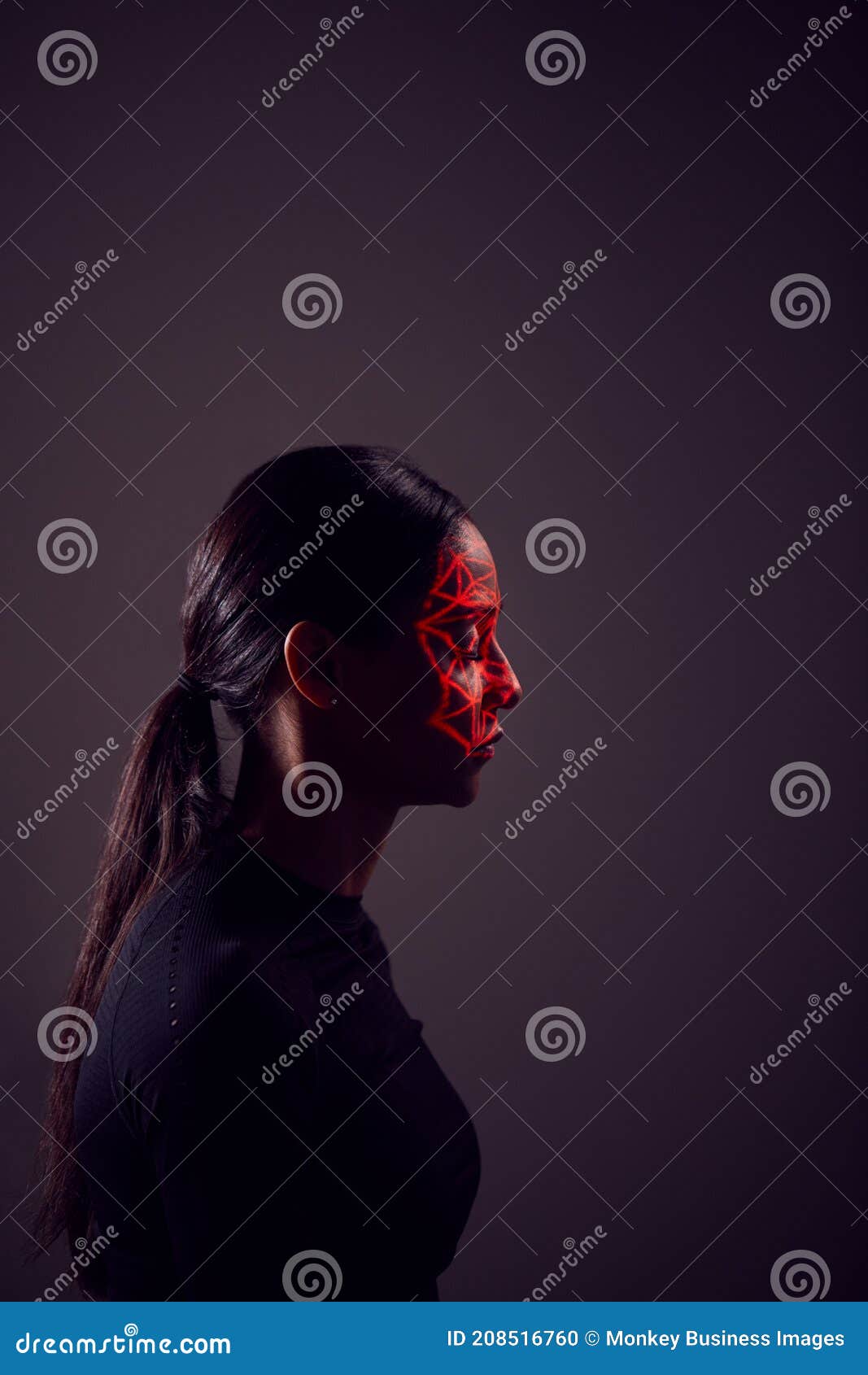 Facial Recognition Technology Concept As Woman Has Red Grid Projected ...