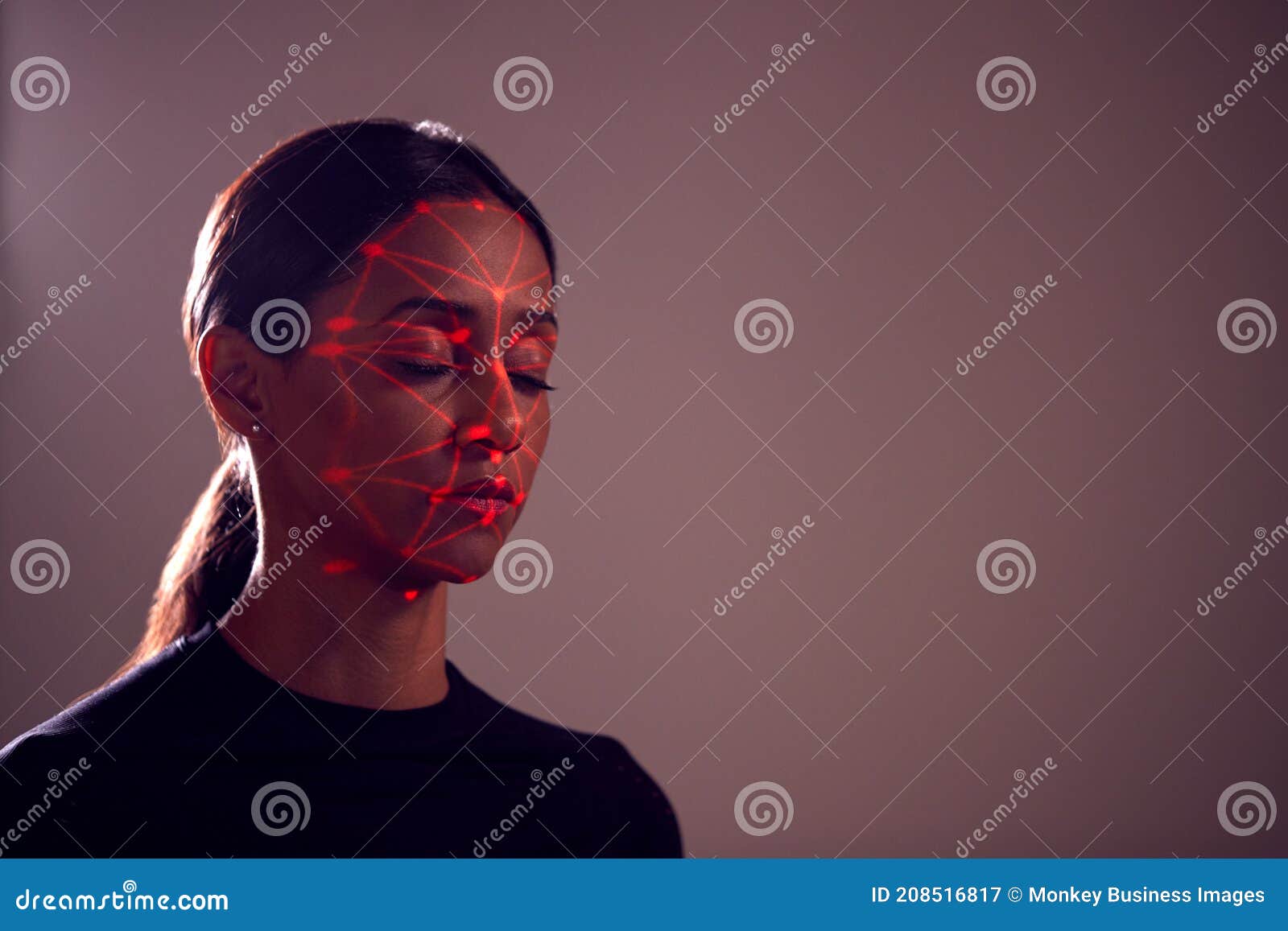 Facial Recognition Technology Concept As Woman Has Red Grid Projected ...