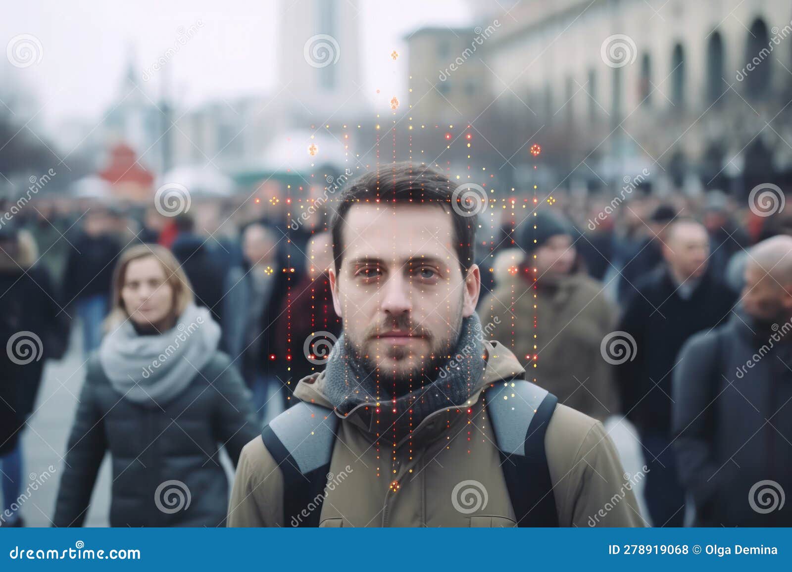 Facial Recognition Technology Scans a Crowded Space, Detecting the Face ...