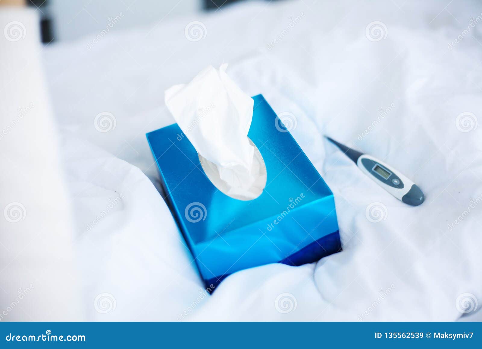 Facial Tissues Cube Box. Blue Pack Tissues on the Bed Stock Image ...
