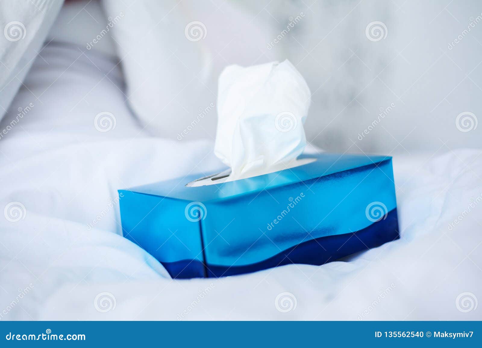Facial Tissues Cube Box. Blue Pack Tissues on the Bed Stock Photo ...