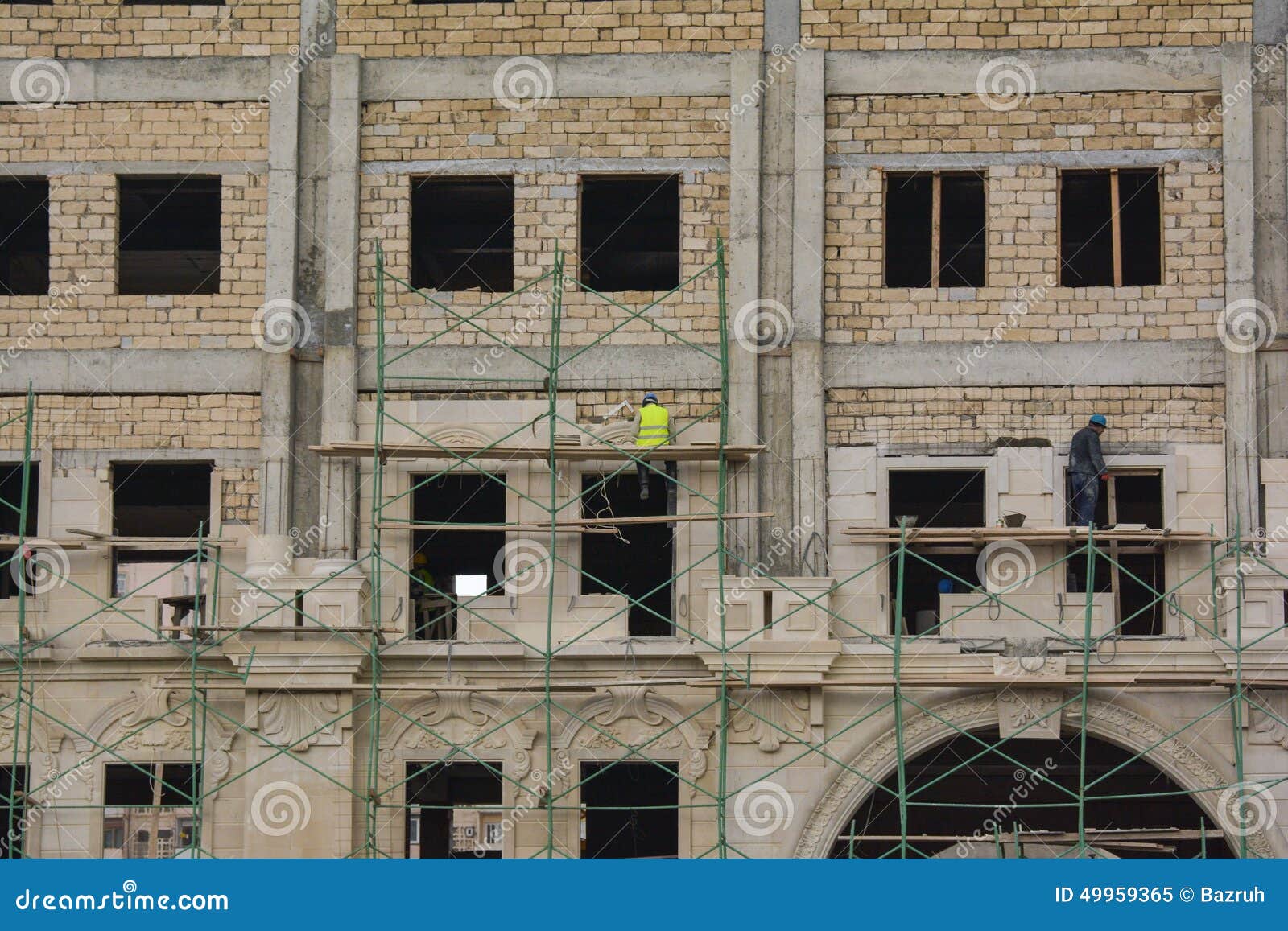 Facing of Facade of the Building, Workers-builders Editorial Image ...