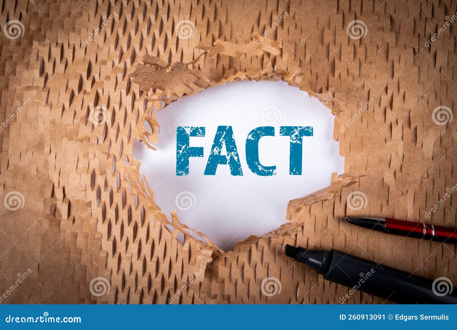 Fact Concept. Torn Cardboard and Stationery on a White Background Stock ...