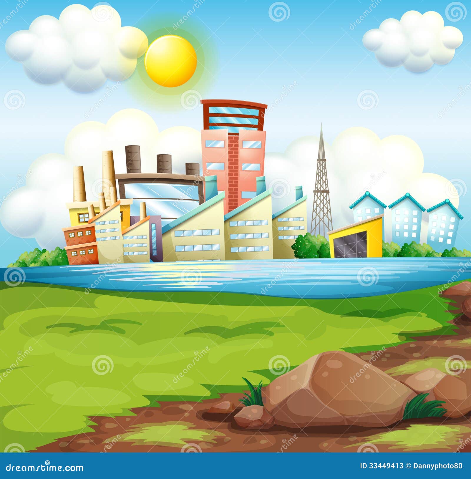 Factories near the river stock illustration. Illustration of manmade ...