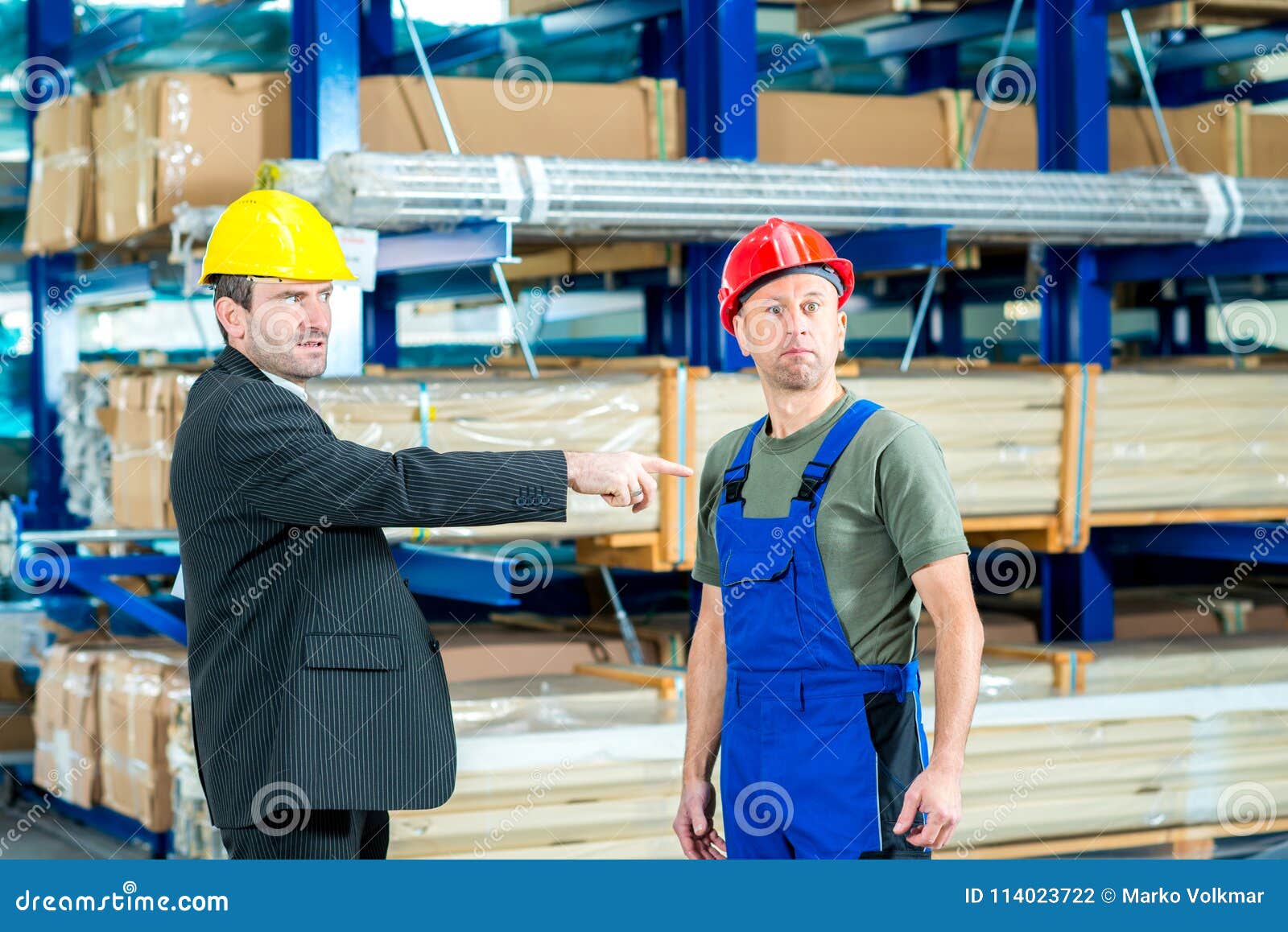 Boss Pointing at Worker in Factory Stock Photo - Image of constructor ...