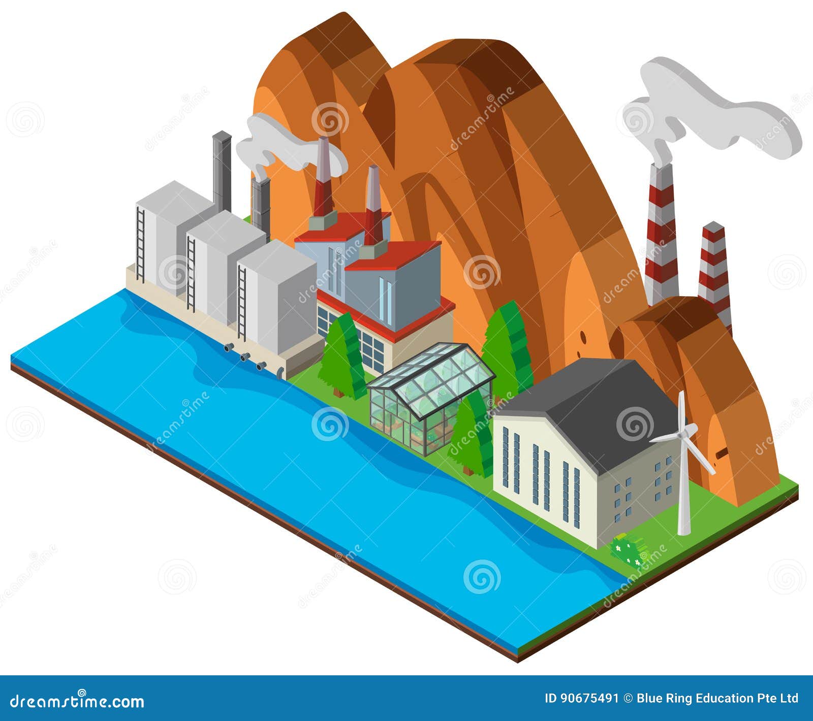 Factory Buildings by the River Stock Vector - Illustration of path ...