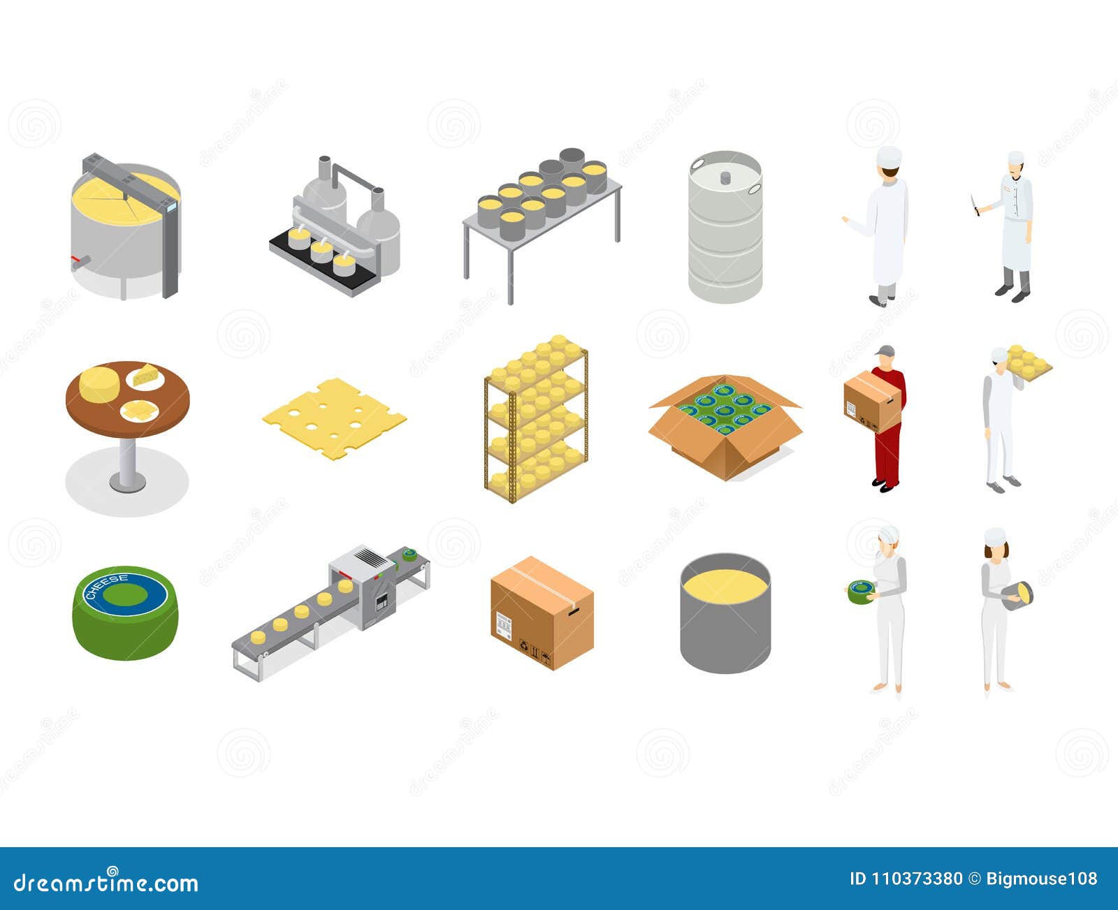 Factory Cheese Production Line Element Set and Staff. Vector Stock ...