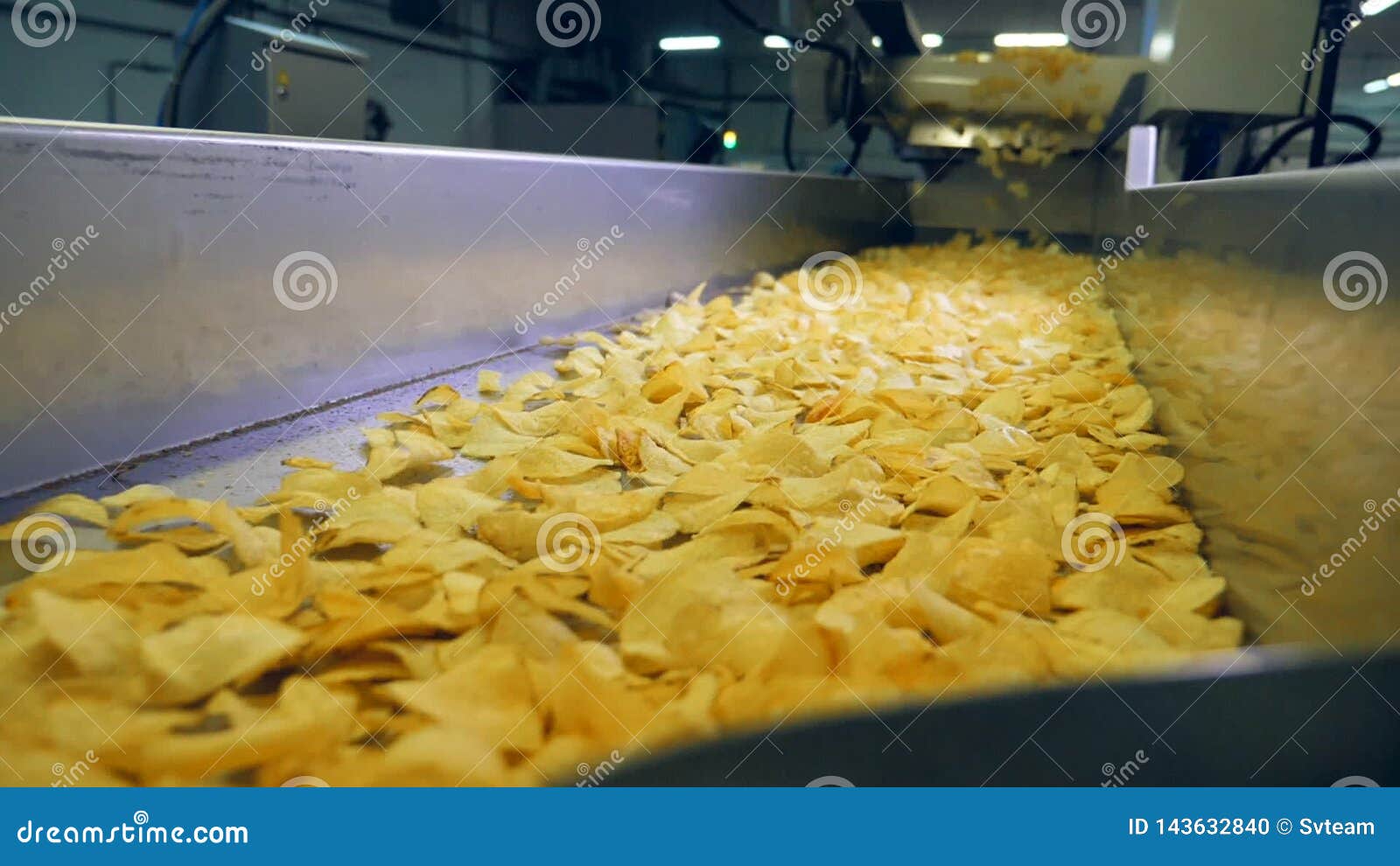 Factory Conveyor Moving Fried Chips after Sorting, Slow Motion. Stock ...