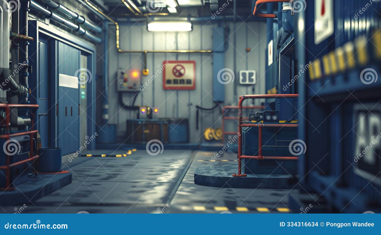 Factory Environment with Blue Safety Barriers and Signs Stock ...