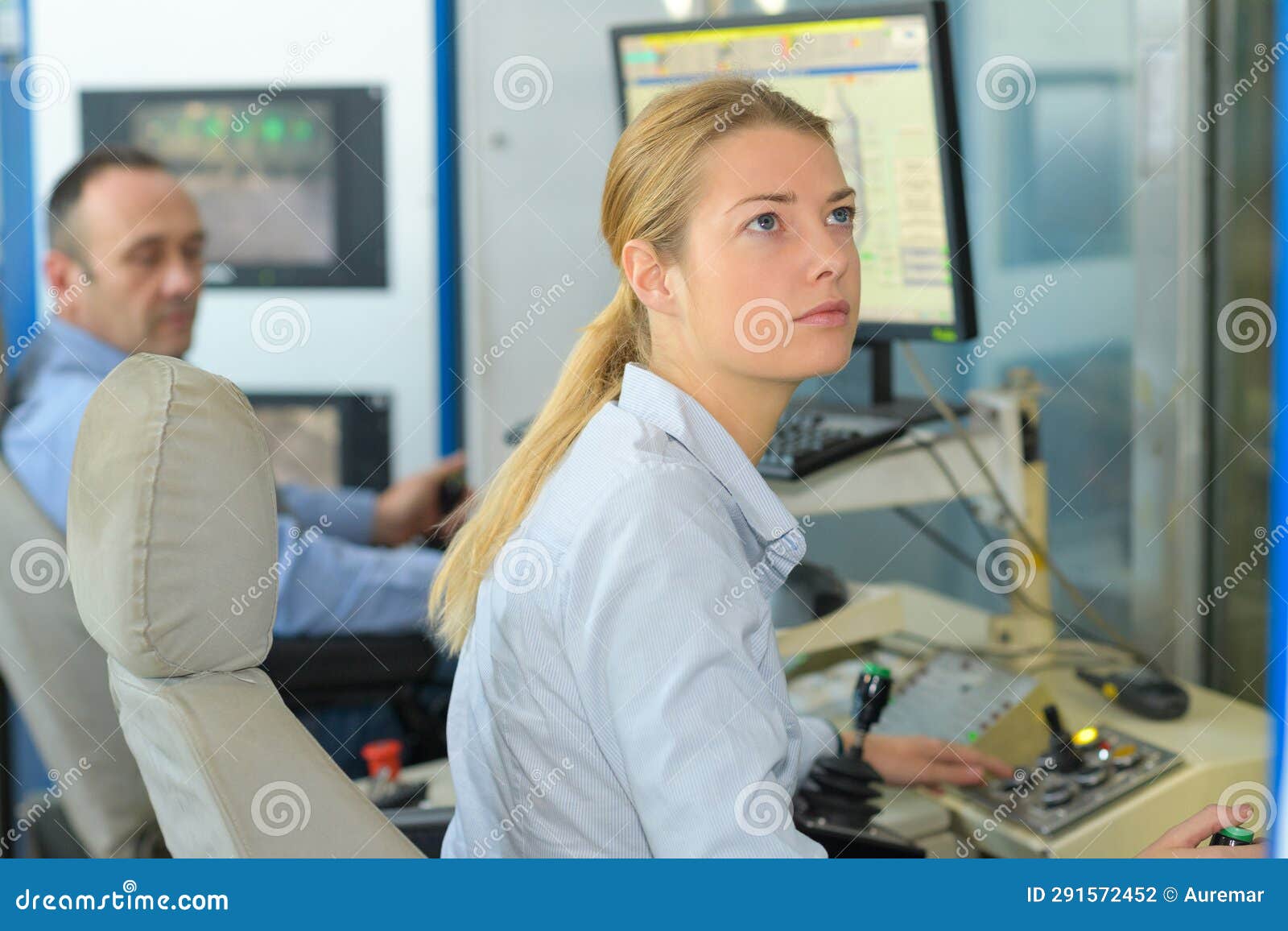 Factory Female Worker in Control Room Stock Photo - Image of machine ...