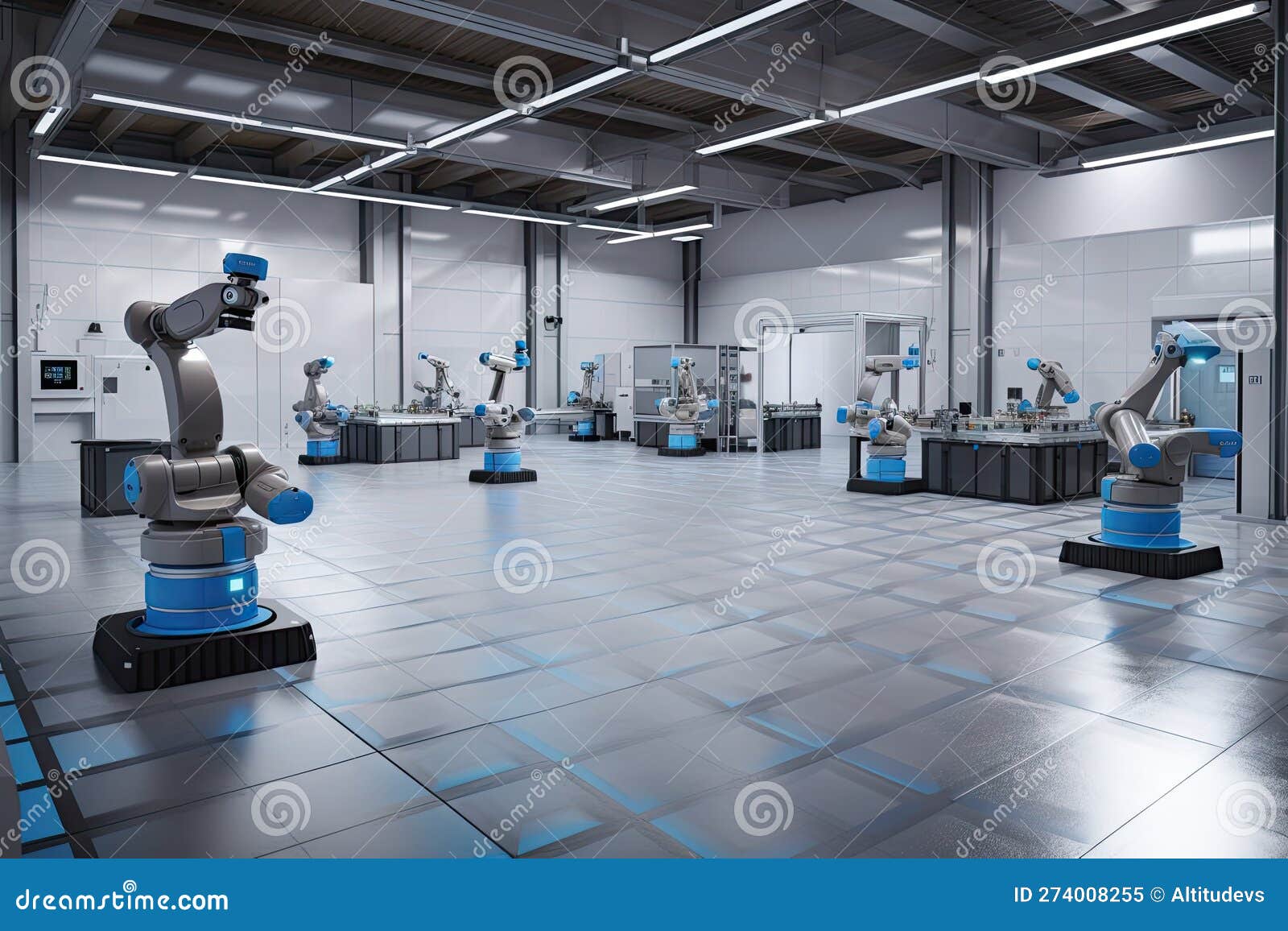 Factory Floor with Cobots Moving between Workstations, Completing ...