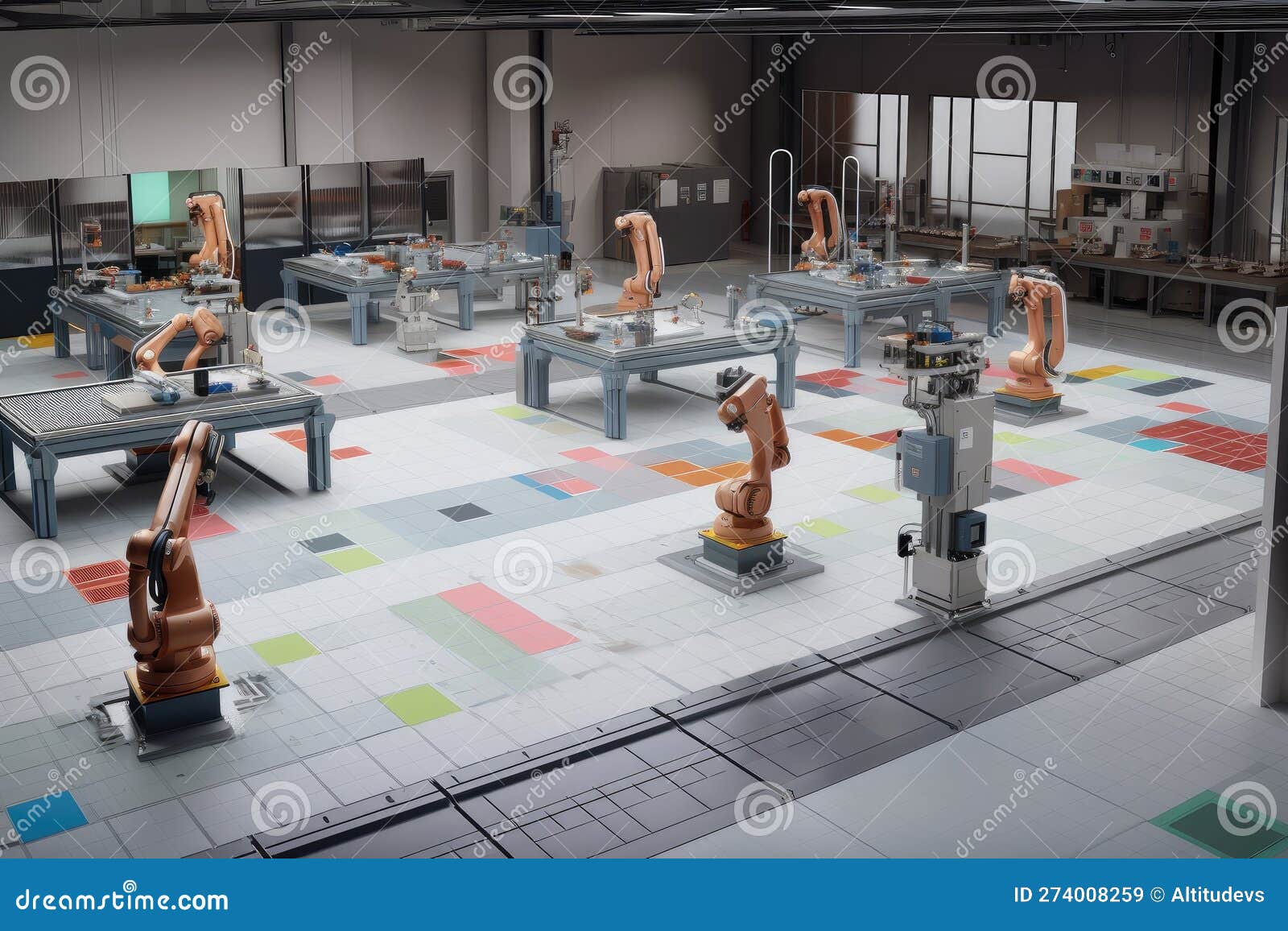 Factory Floor with Cobots Moving between Workstations, Completing ...