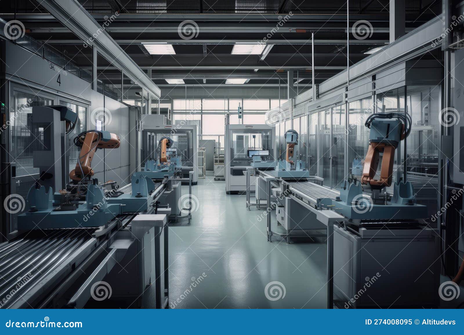 Factory Floor with Cobots Performing Different Tasks, Demonstrating ...