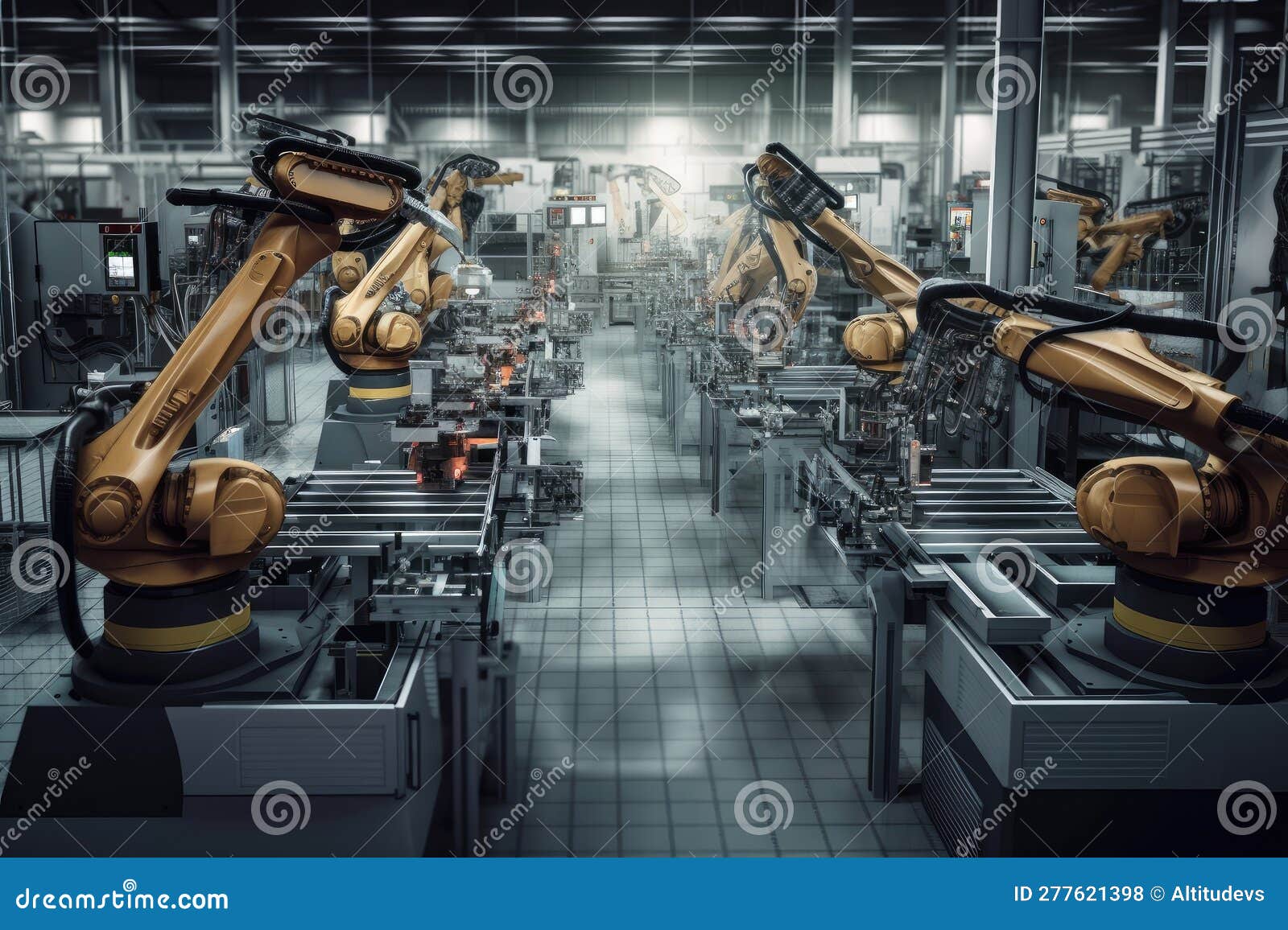 Factory Floor Filled with Advanced Robotic Systems, Performing Complex ...