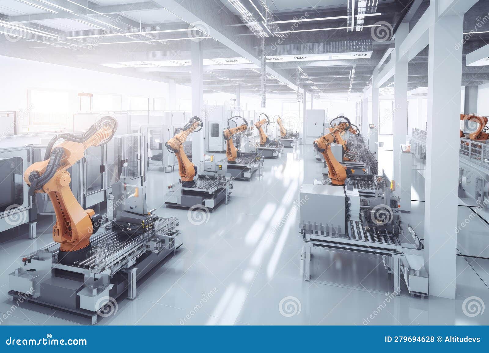 Factory Floor Filled with Advanced Robotic Systems, Performing Complex ...