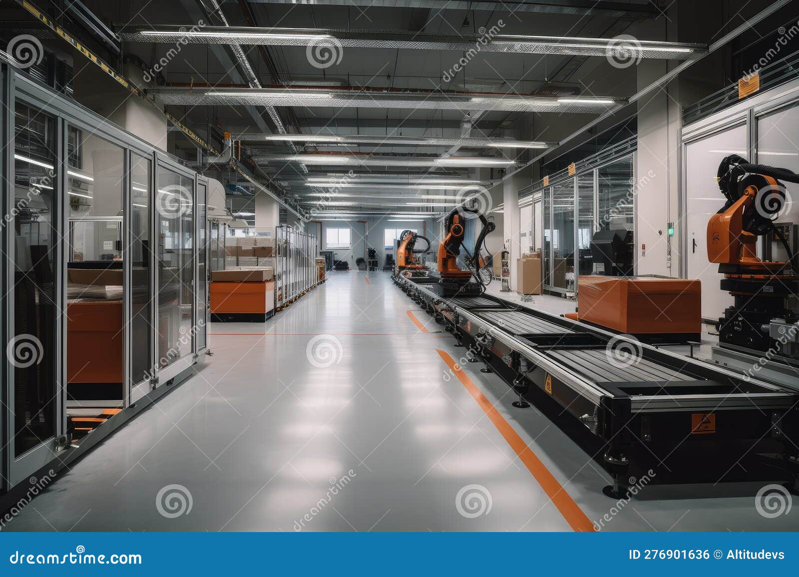 A Factory Floor, with Robotic Arms and Vehicles Moving Goods between ...