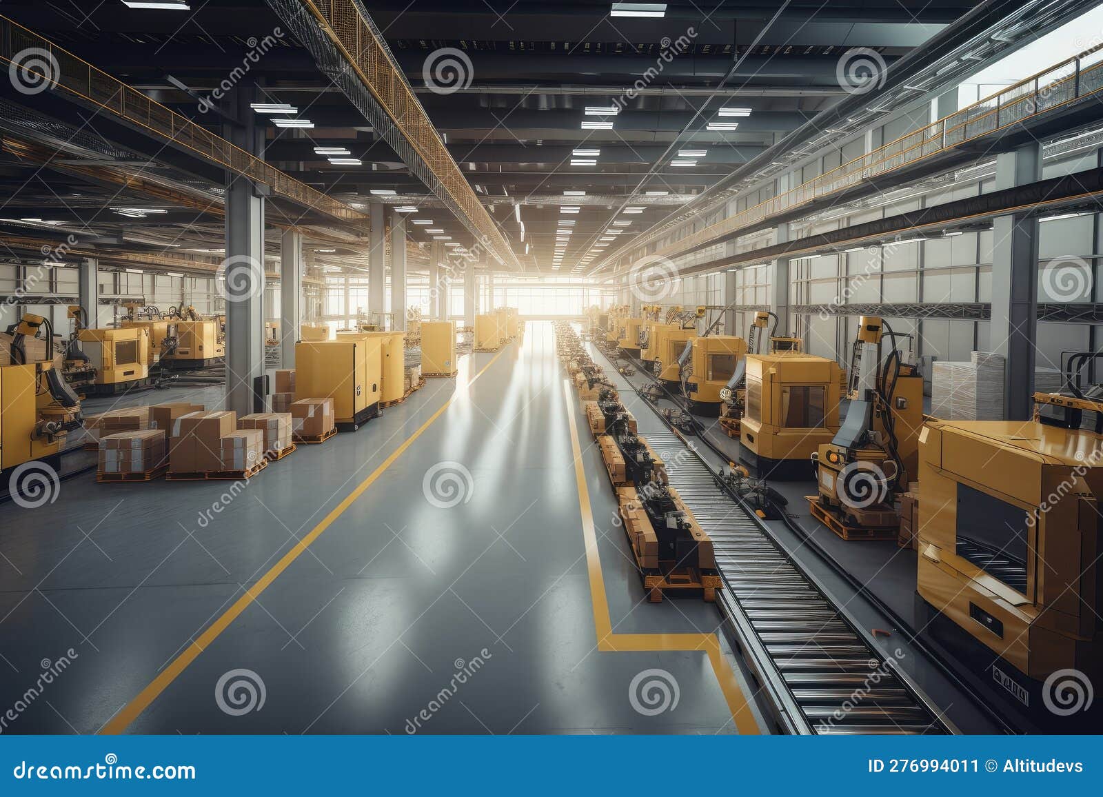 A Factory Floor, with Robotic Arms and Vehicles Moving Goods between ...