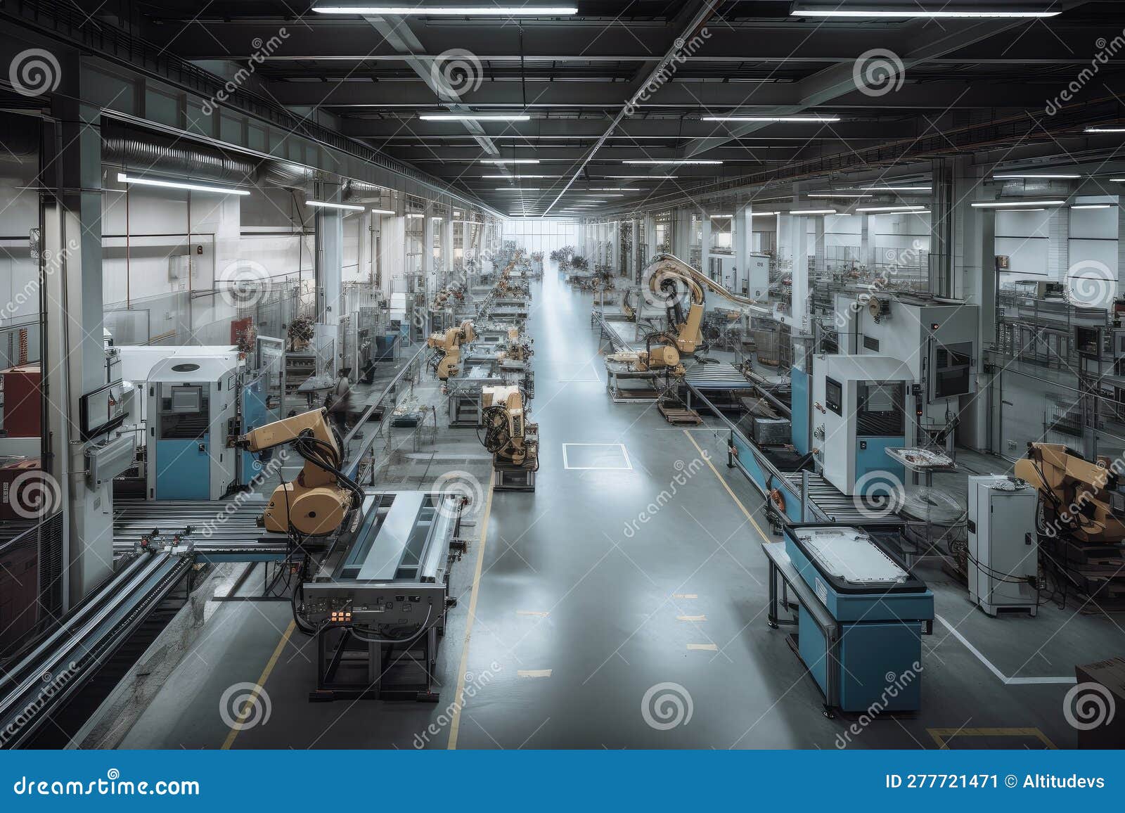 A Factory Floor, with Robotic Arms and Vehicles Moving Goods between ...