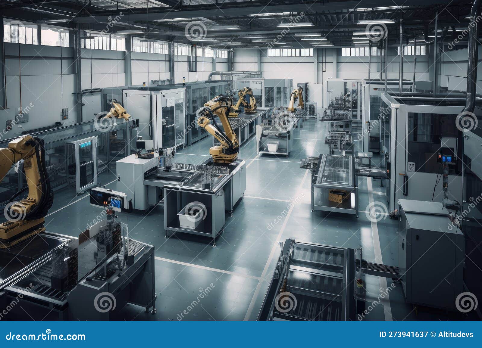 Factory Floor Teeming with Robotic Assembly Lines, Producing High-tech ...