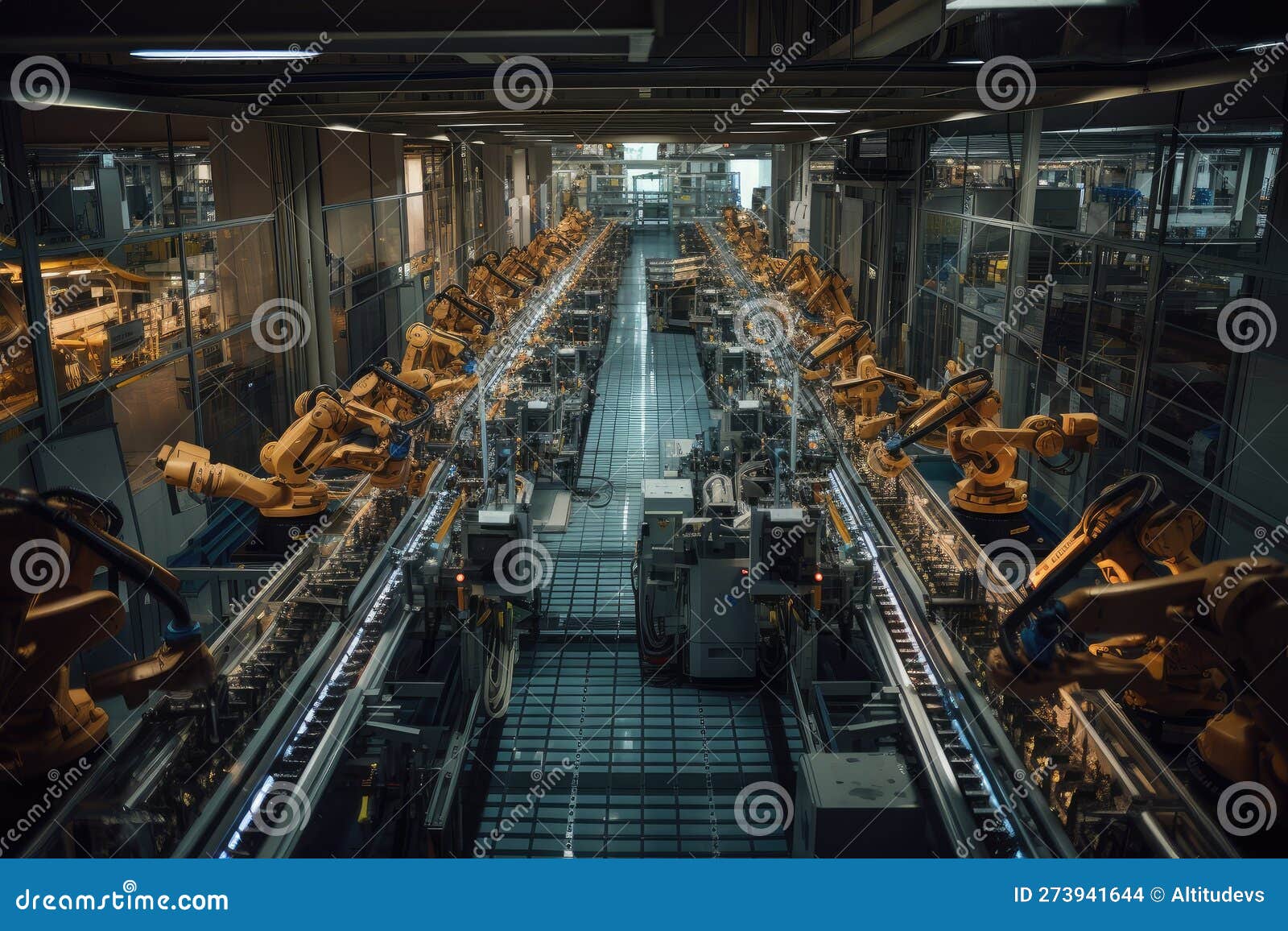 Factory Floor Teeming with Robotic Assembly Lines, Producing High-tech ...