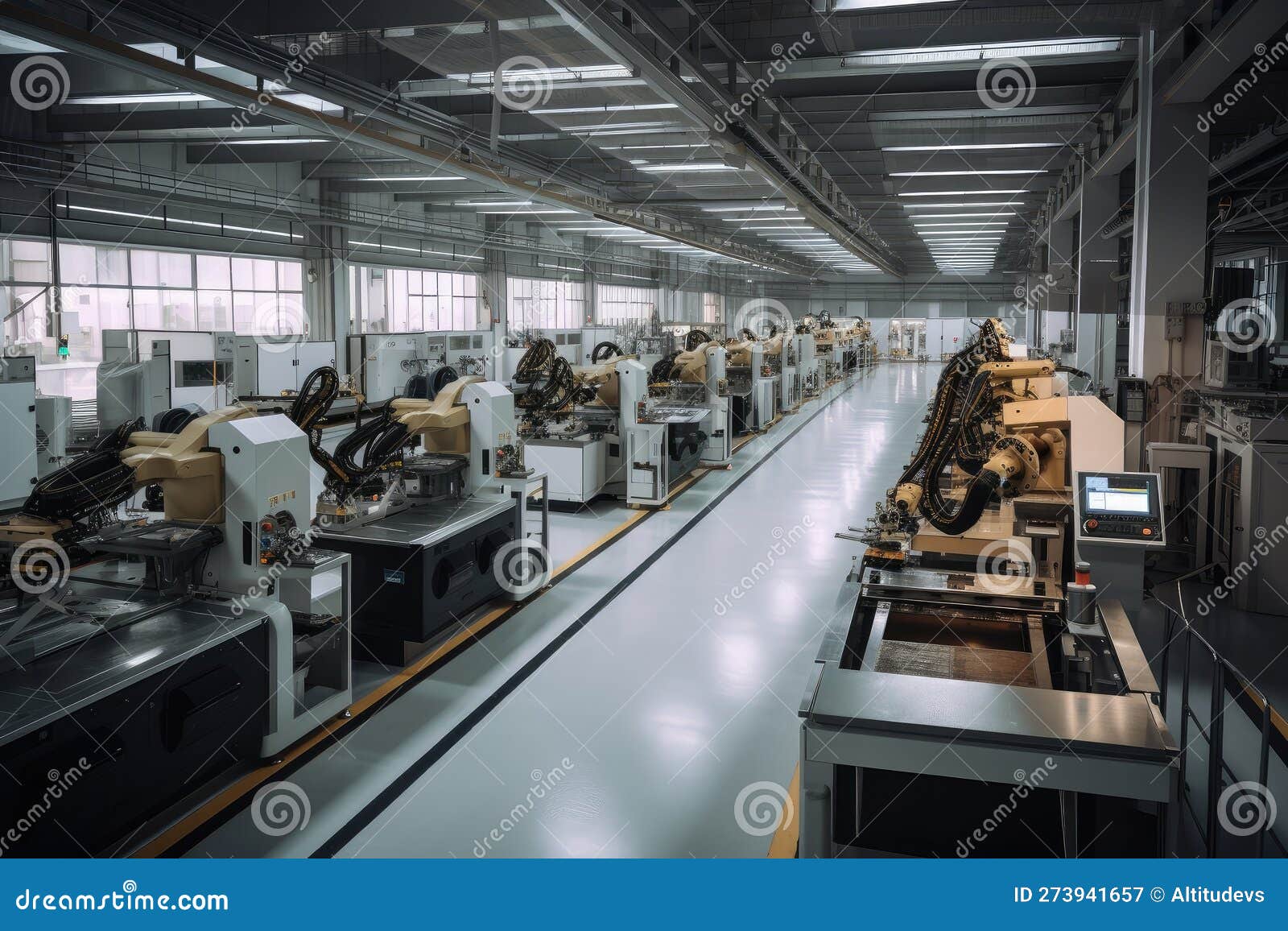 Factory Floor Teeming with Robotic Assembly Lines, Producing High-tech ...