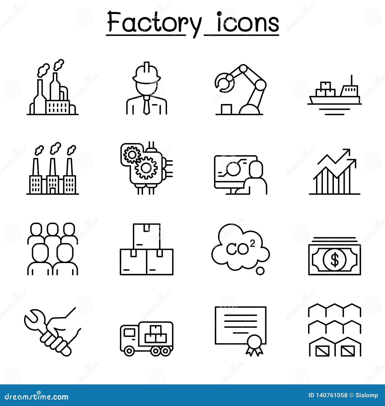 Factory, Industrial Building, Manufacturing Icon Set in Thin Line Style ... Factory, Industrial Building, Manufacturing Icon Set in Thin Line Style ...