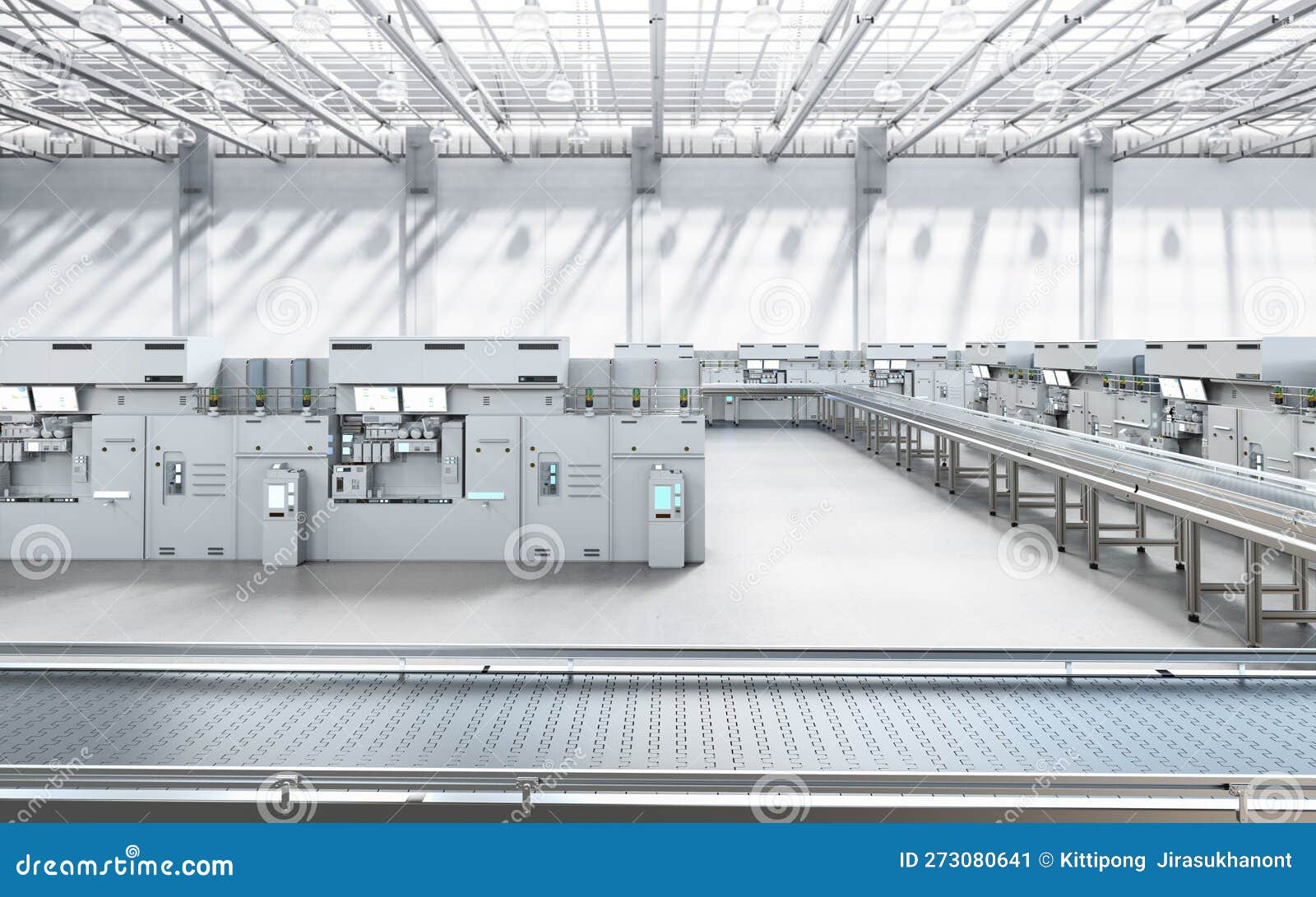 Factory Interior with Empty Conveyor Line and Electric Machine Stock ...