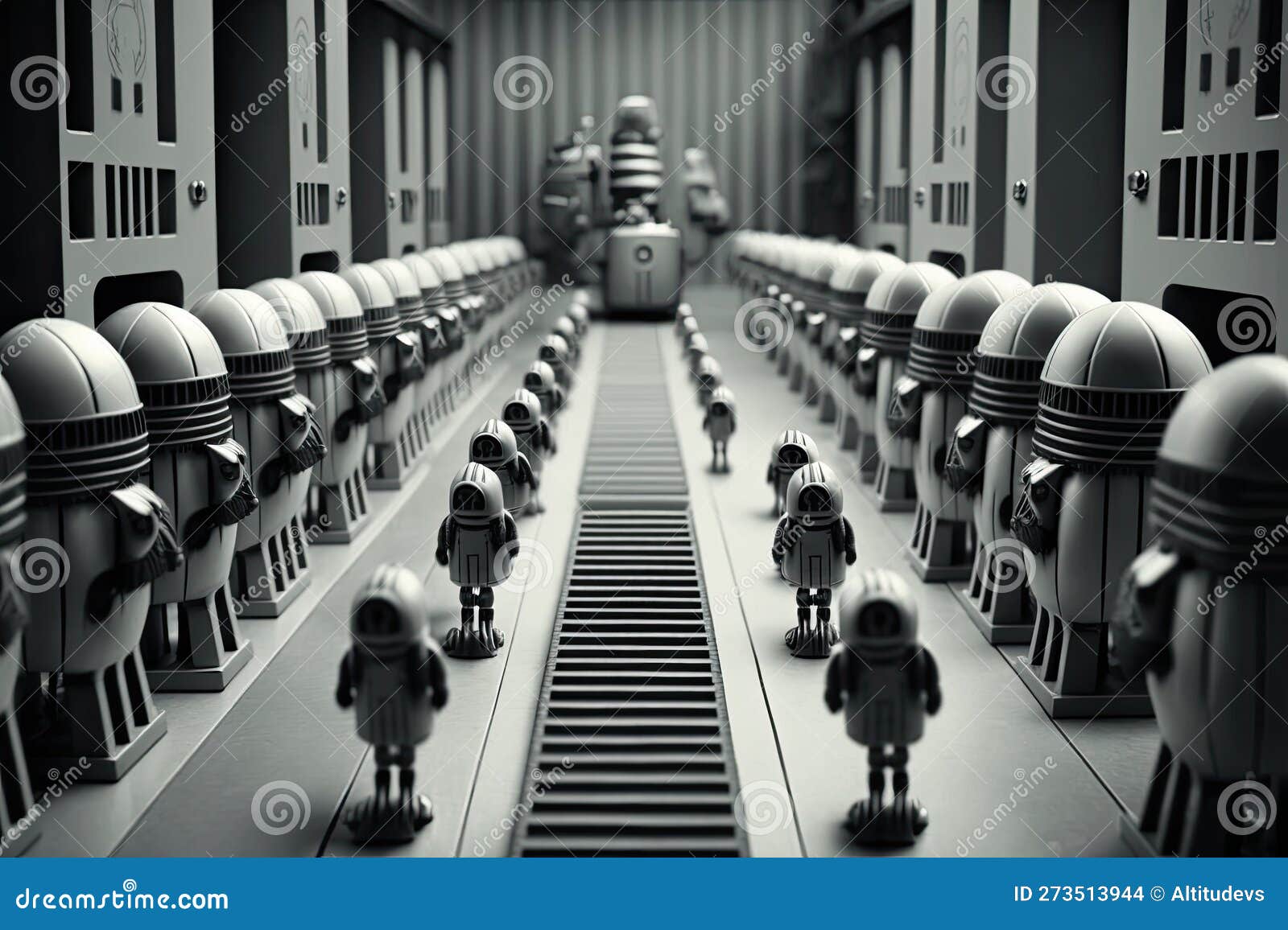 Factory With Line Of Androids Moving Through Assembly Process Stock Illustration Illustration
