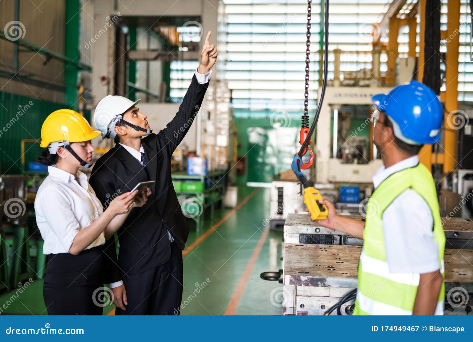 Factory Manager Command Lifting Crane in Warehouse Stock Image - Image ...