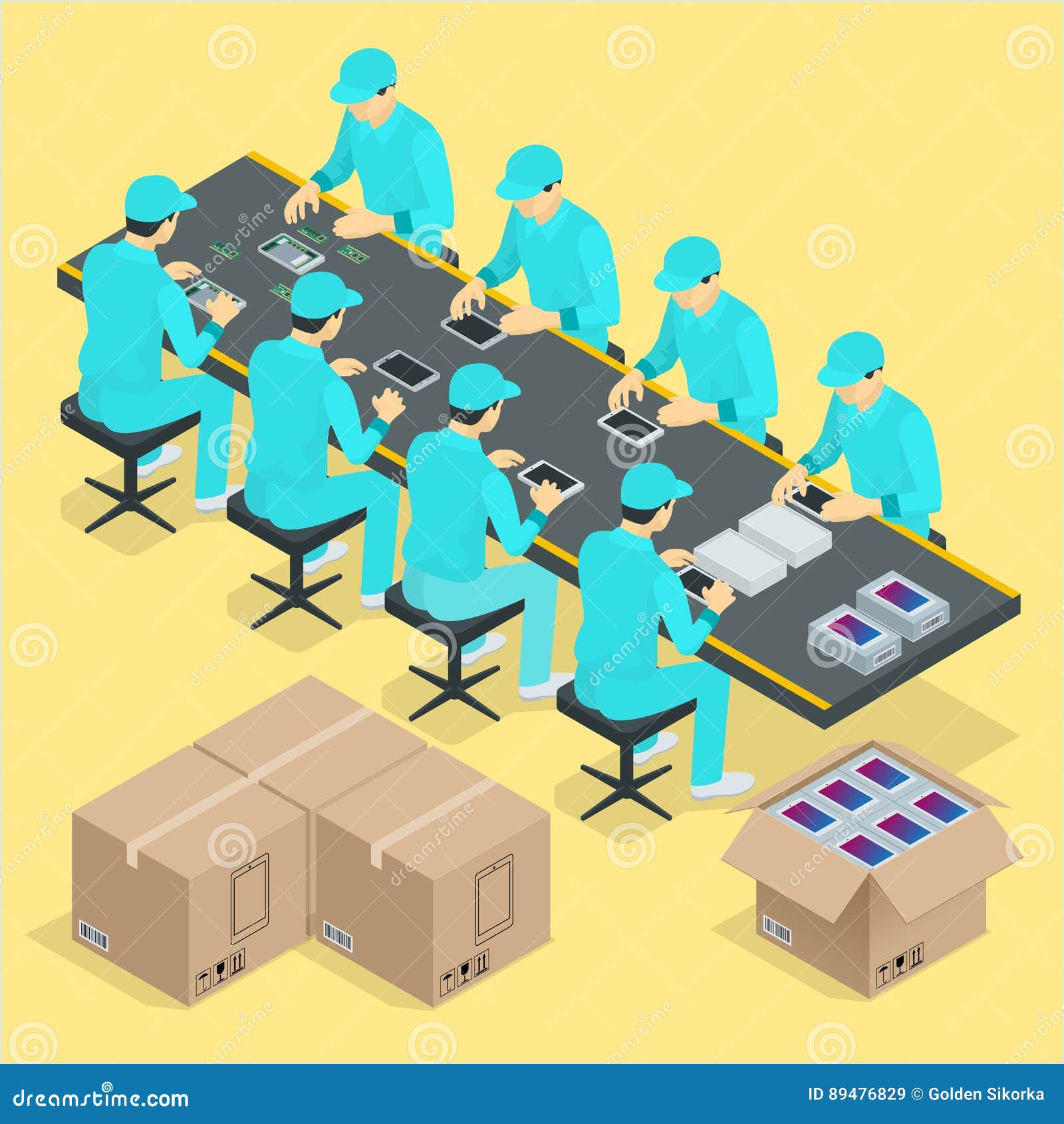 Factory Manual Assembly Line with Works and Conveyor Belt Controlled ... Factory Manual Assembly Line with Works and Conveyor Belt Controlled ...