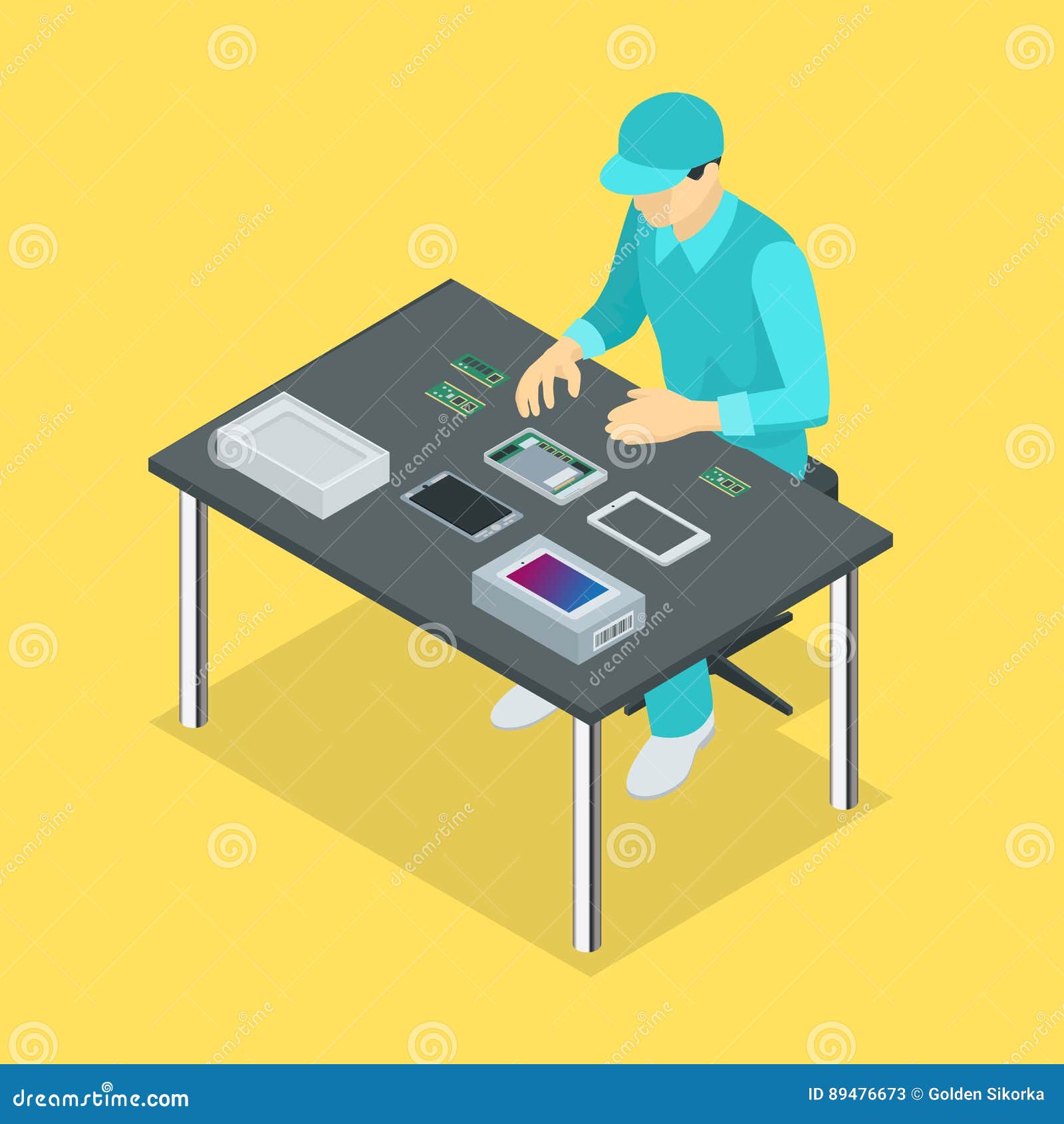 Factory Manual Assembly Line With Works And Conveyor Belt Controlled ...