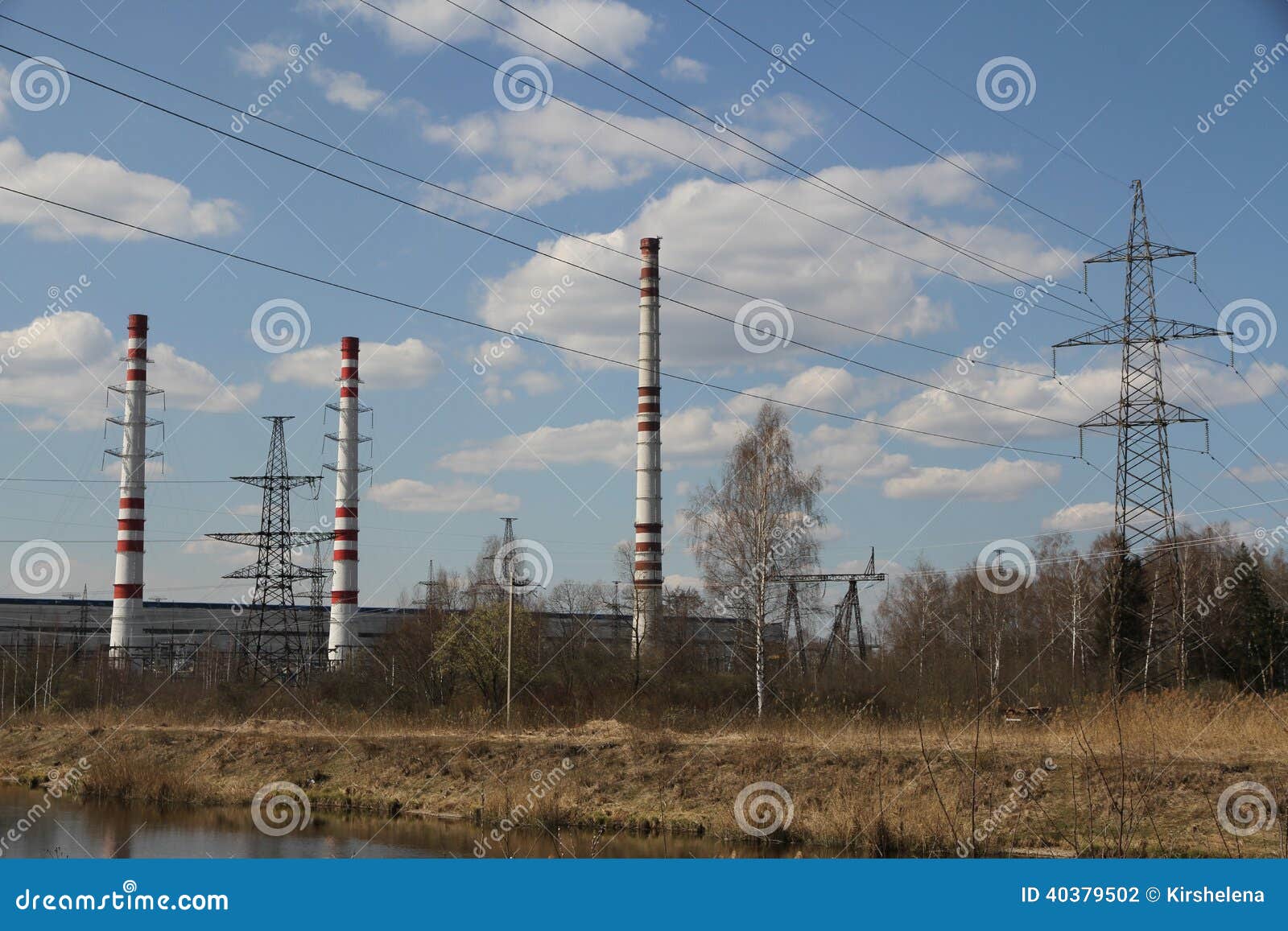 Factory Pipes and High Voltage Power Lines Stock Photo - Image of ...