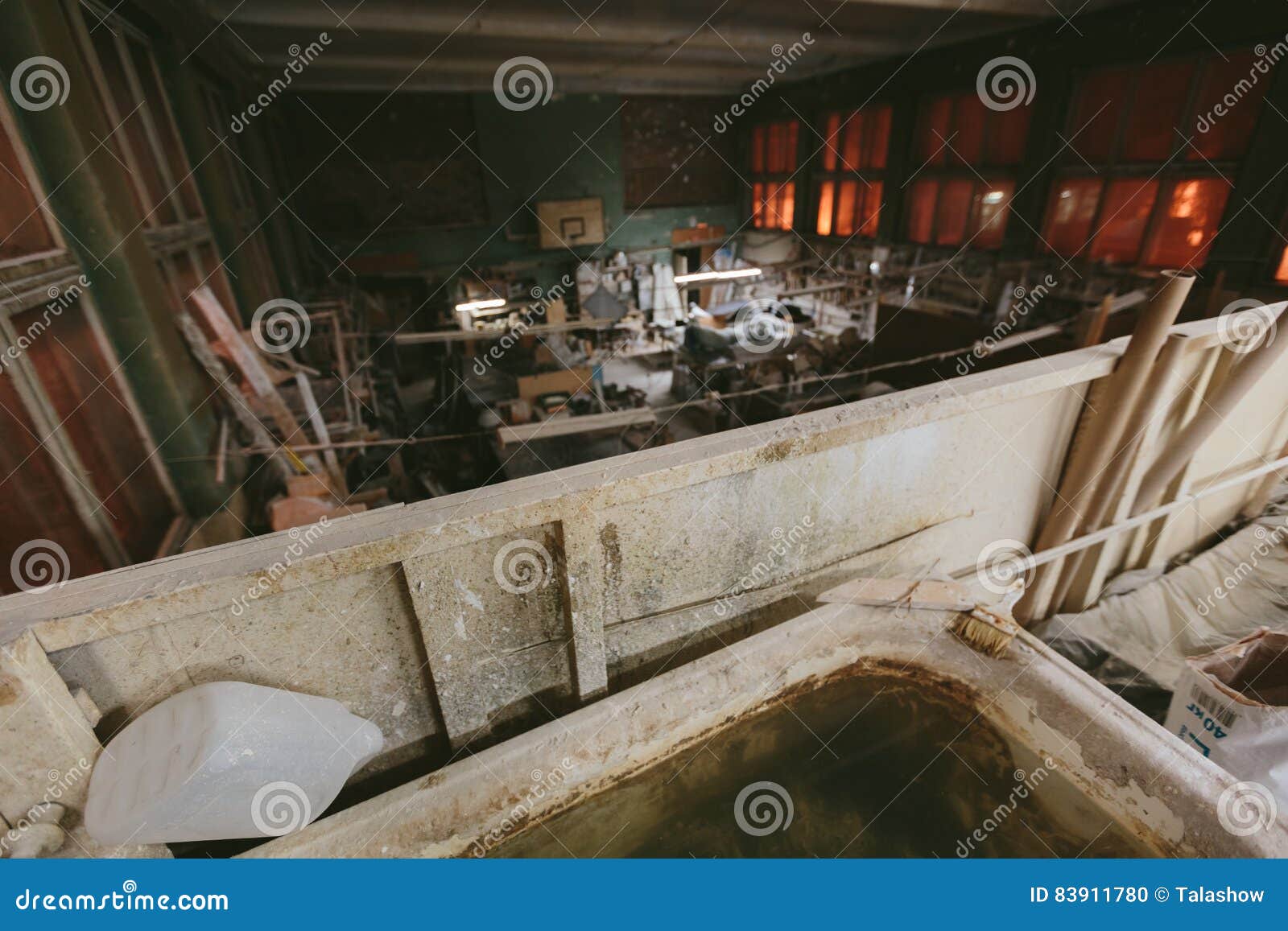 Factory for Production of Plaster Molds. Cluttered Dusty Old Warehouse ...