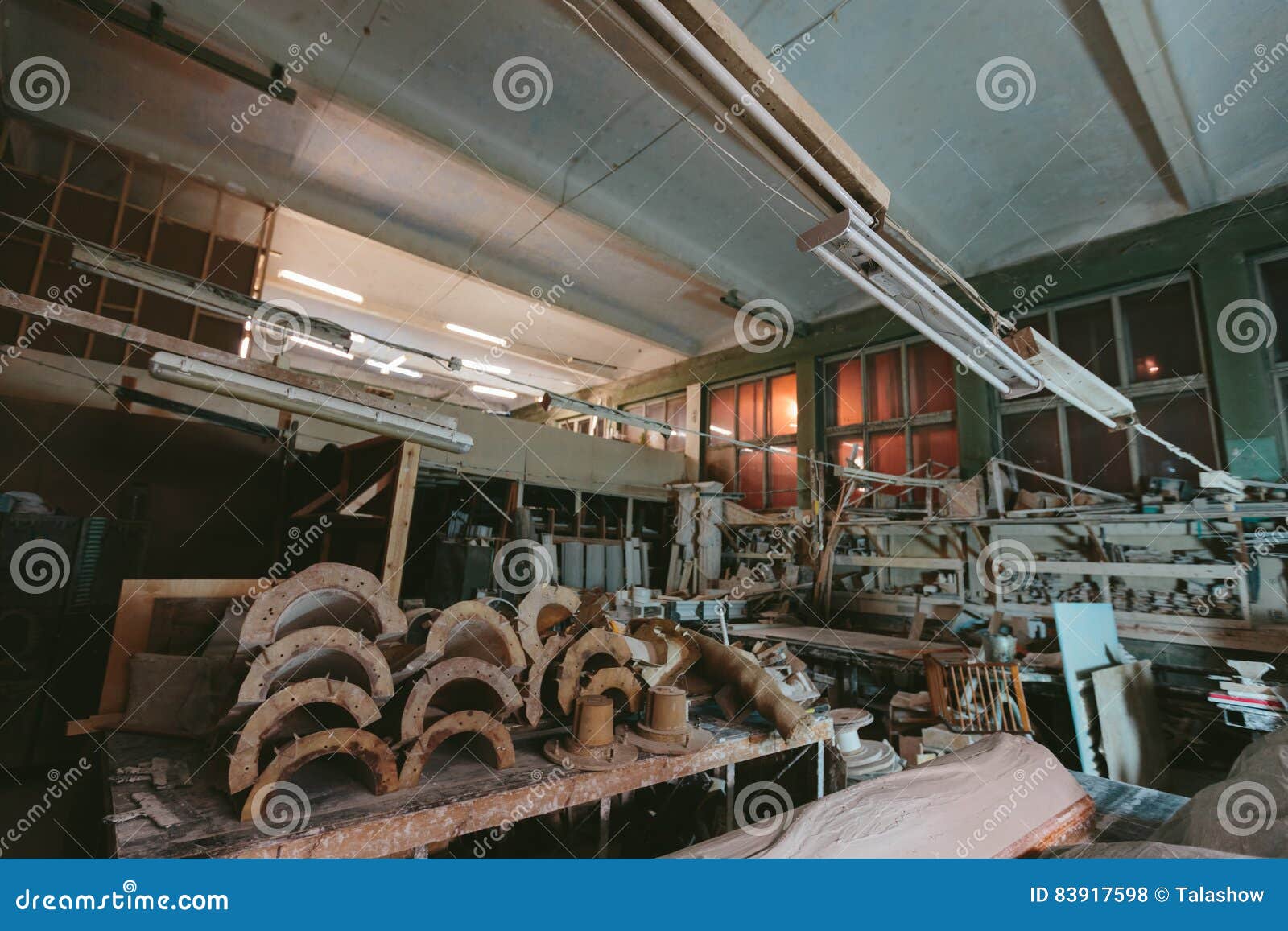 Factory for Production of Plaster Molds. Cluttered Dusty Old Warehouse ...
