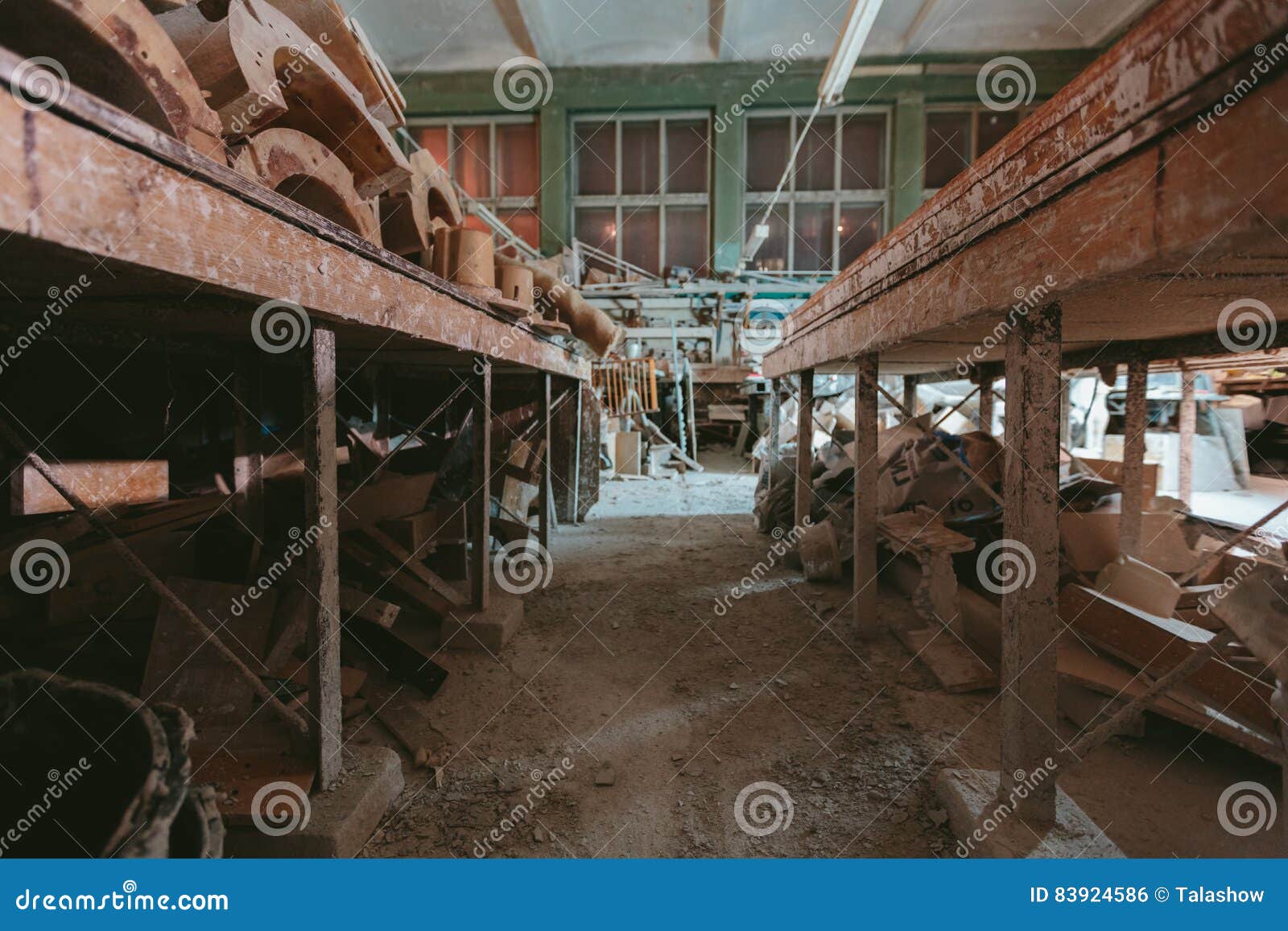 Factory for Production of Plaster Molds. Cluttered Dusty Old Warehouse ...